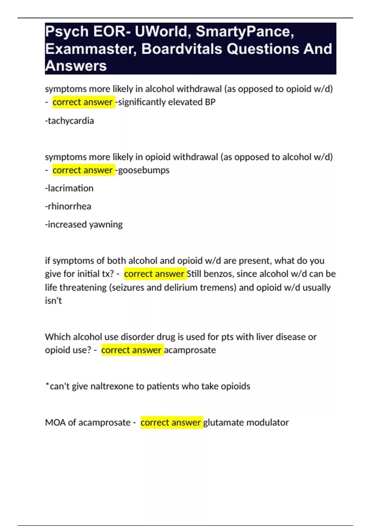 Psych EOR- UWorld, SmartyPance, Exammaster, Boardvitals Questions And ...