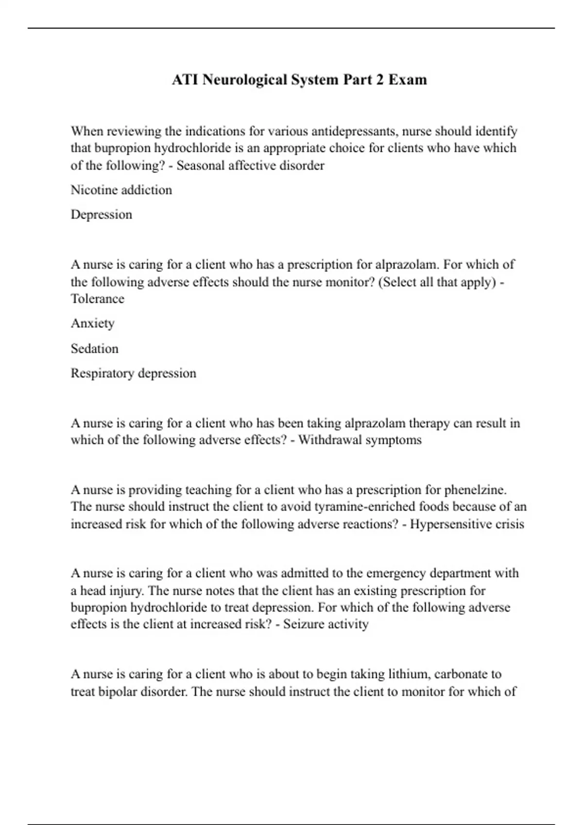 ATI Neurological System Part 2 Exam - NR 509 - Stuvia US