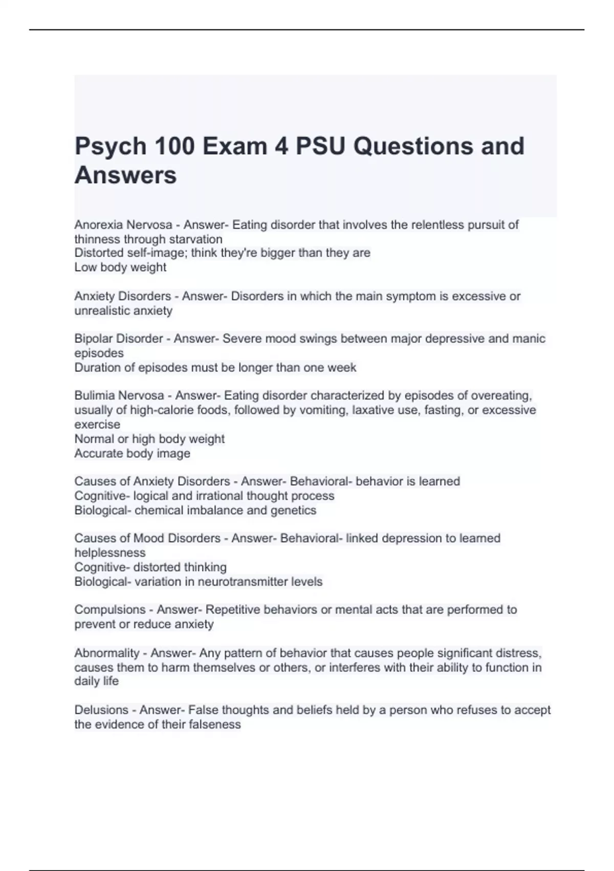 Psych 100 Exam 4 PSU Questions and Answers - PSU Crosby Psych 100 - Stuvia US