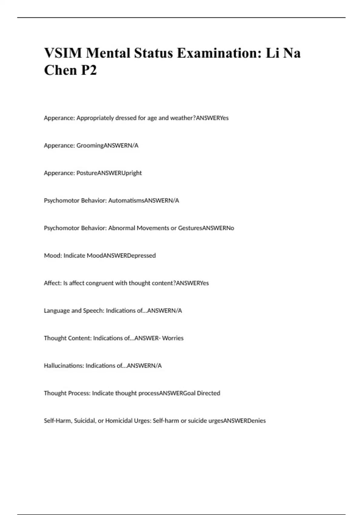 VSIM Mental Status Examination: Li Na Chen P2 Questions and Answers 2024 - VSIM Mental Status ...