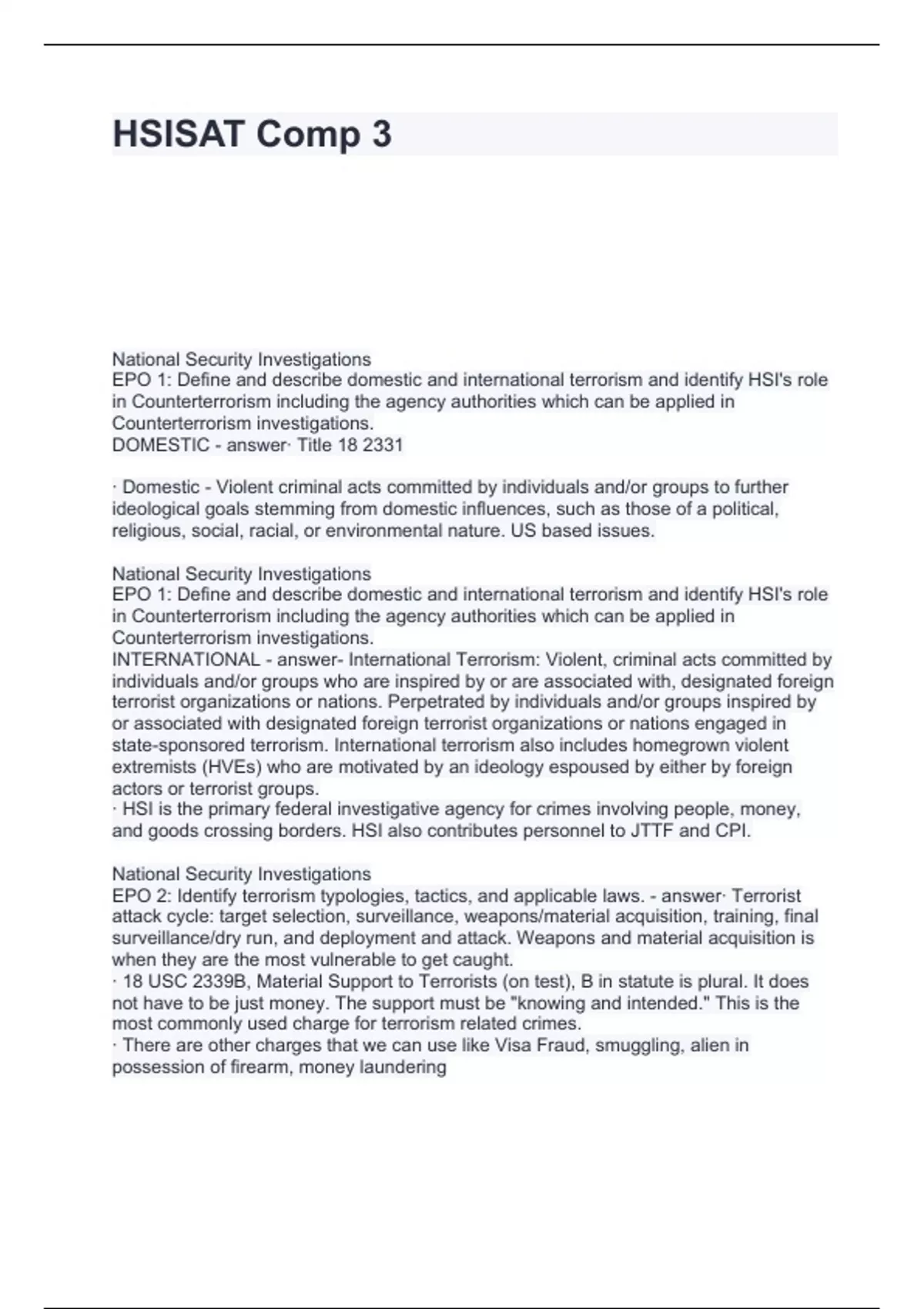 HSISAT Comp 3 Questions with correct Answers 2024 - HSI - Stuvia US