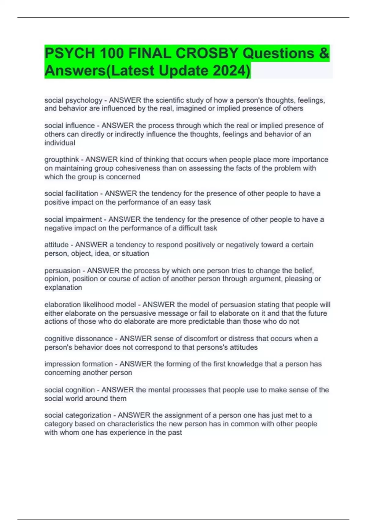 PSYCH 100 FINAL CROSBY Questions & Answers(Latest Update 2024) - PSU ...