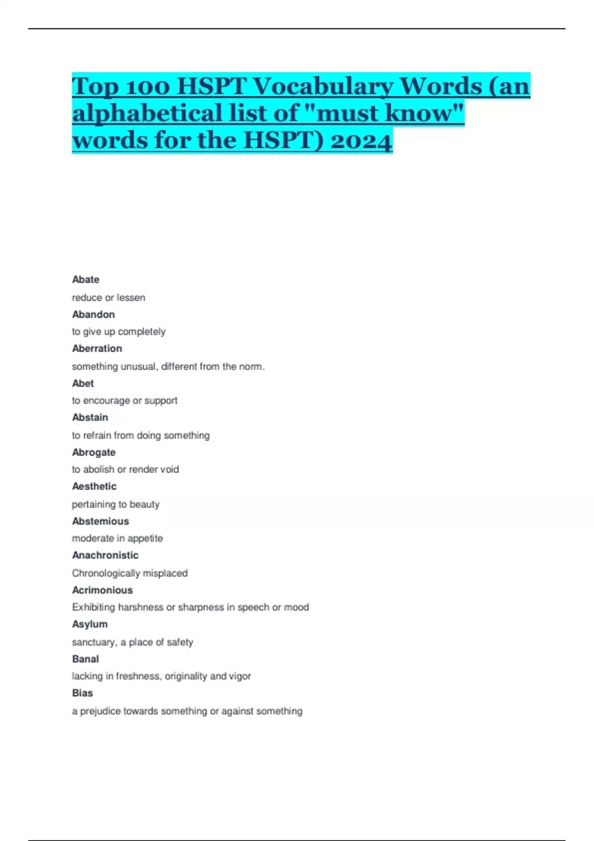 Top 100 HSPT Vocabulary Words (an alphabetical list of "must know ...