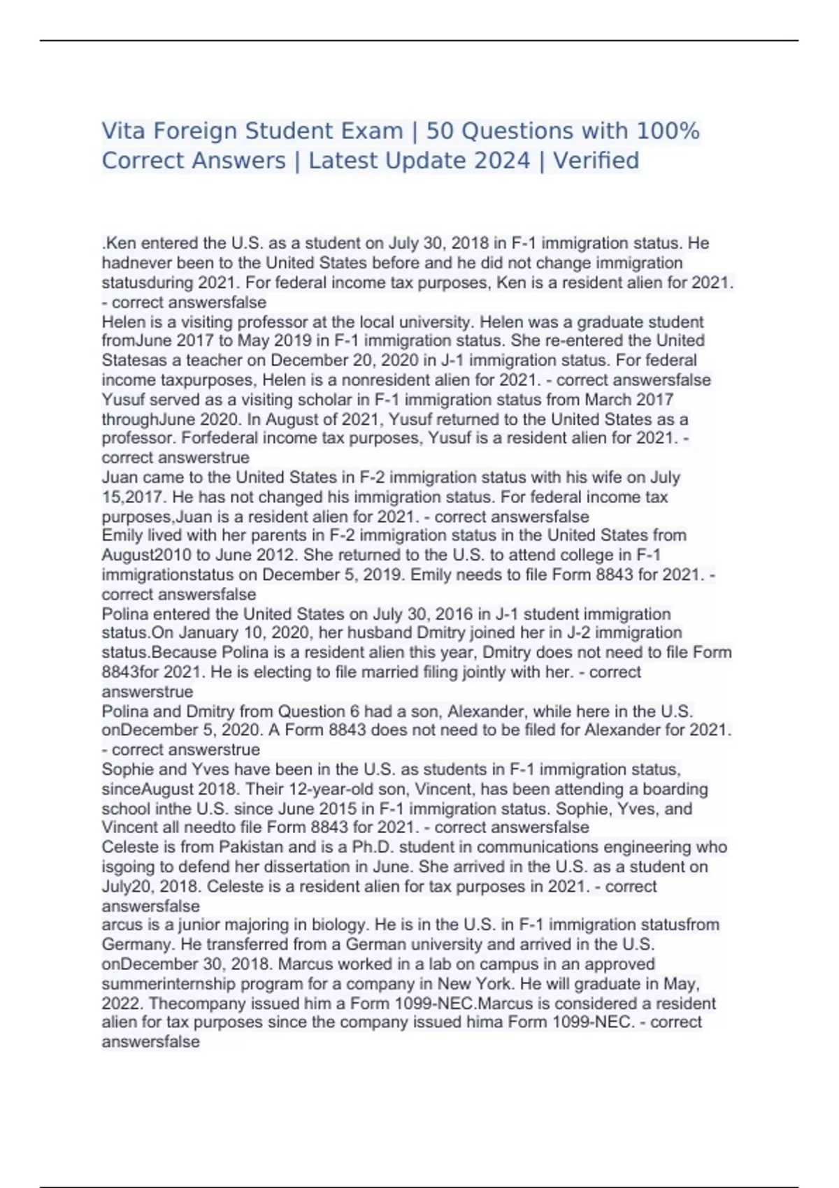 Vita Foreign Student Exam | 50 Questions with 100% Correct Answers ...