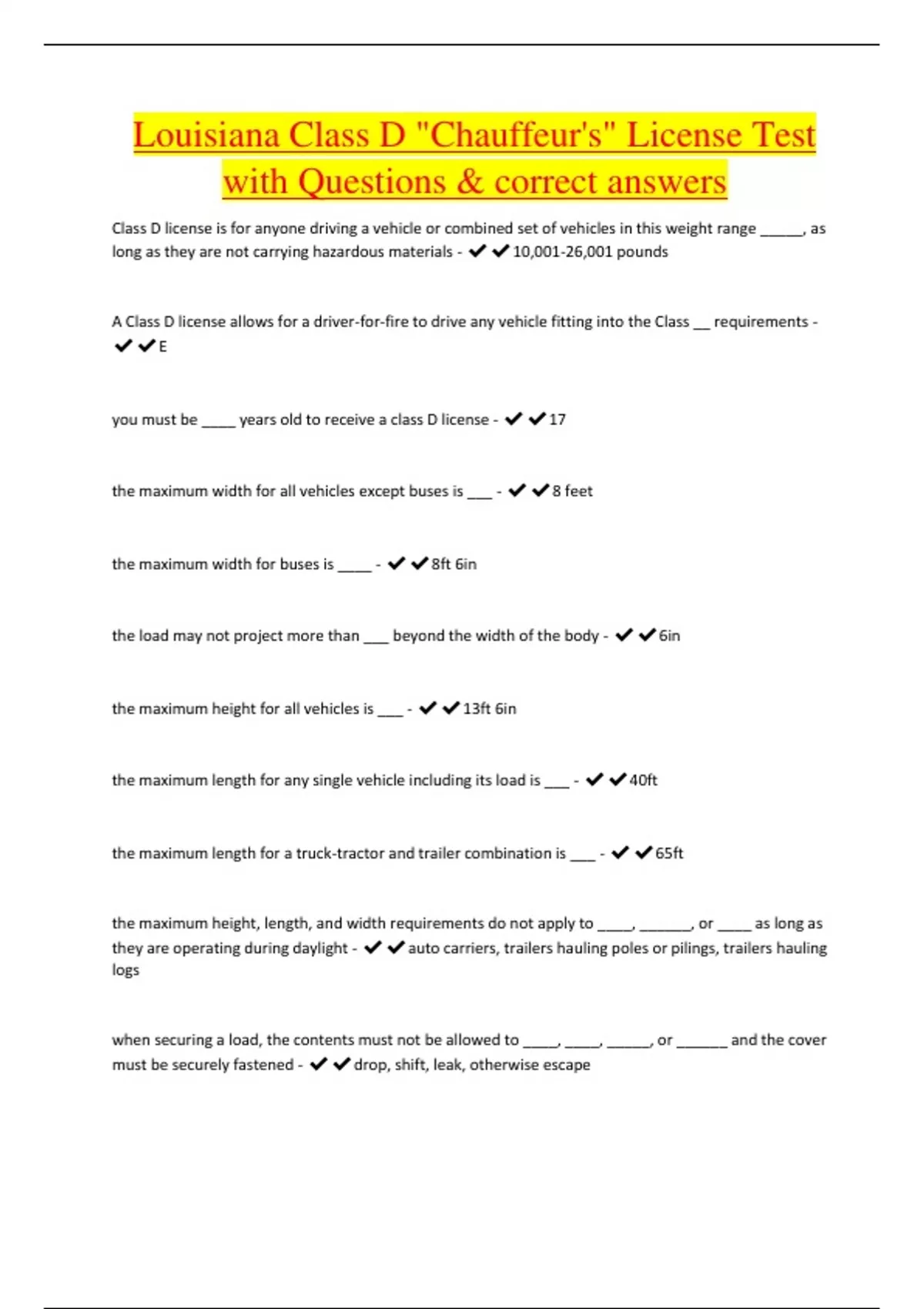 Louisiana Class D "Chauffeur's" License Test with Questions & correct ...