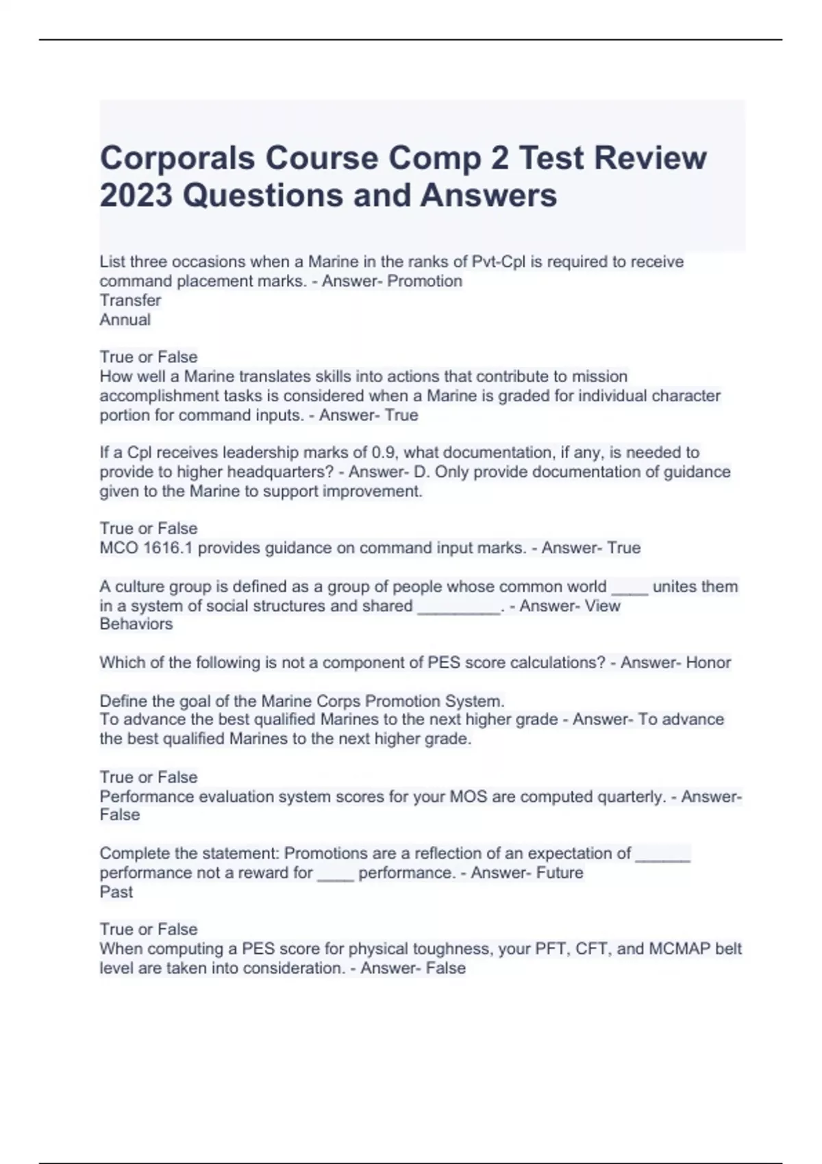 Corporals Course Comp 2 Test Review Questions And Answers Corporals Course Stuvia Us