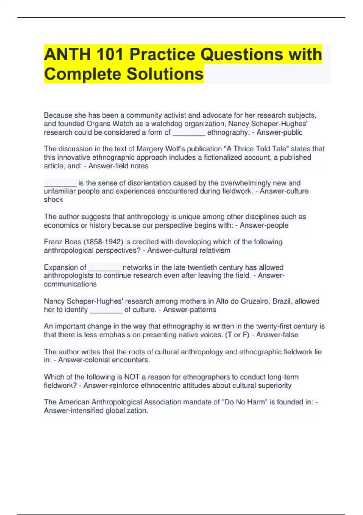 ANTH 101 Practice Questions with Complete Solutions - ANTH 101 - Stuvia US