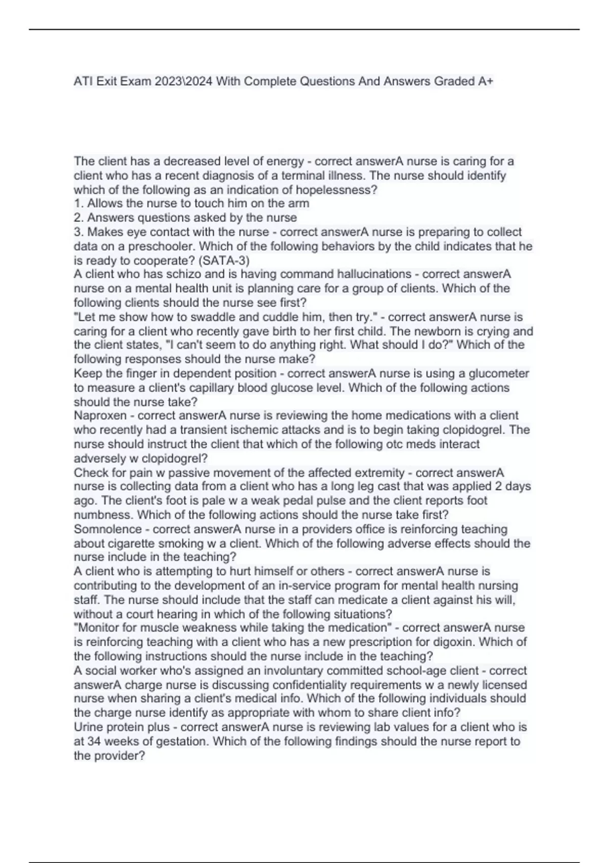 ATI Exit Exam With Complete Questions And Answers Graded A+ - ATI Exit ...