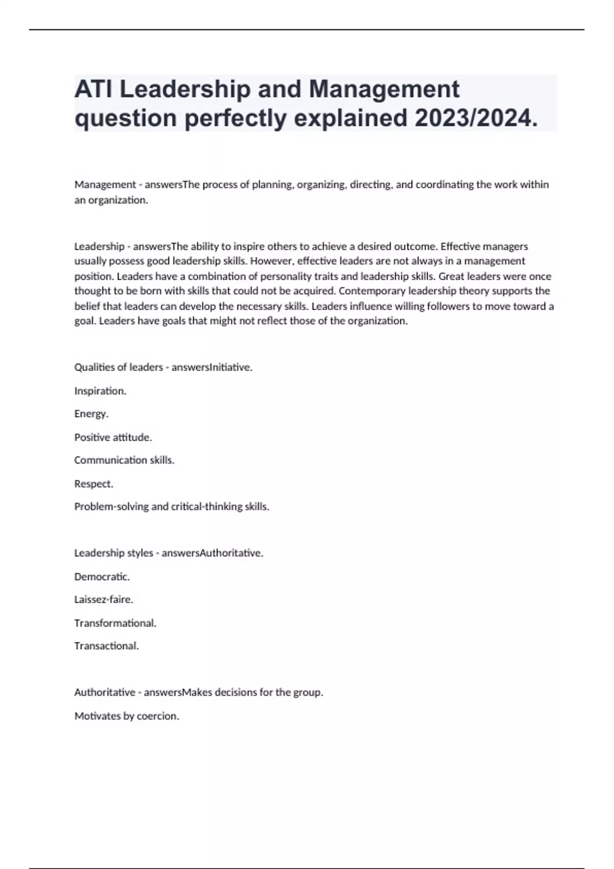 ATI Leadership and Management question perfectly explained 2023/2024 ...