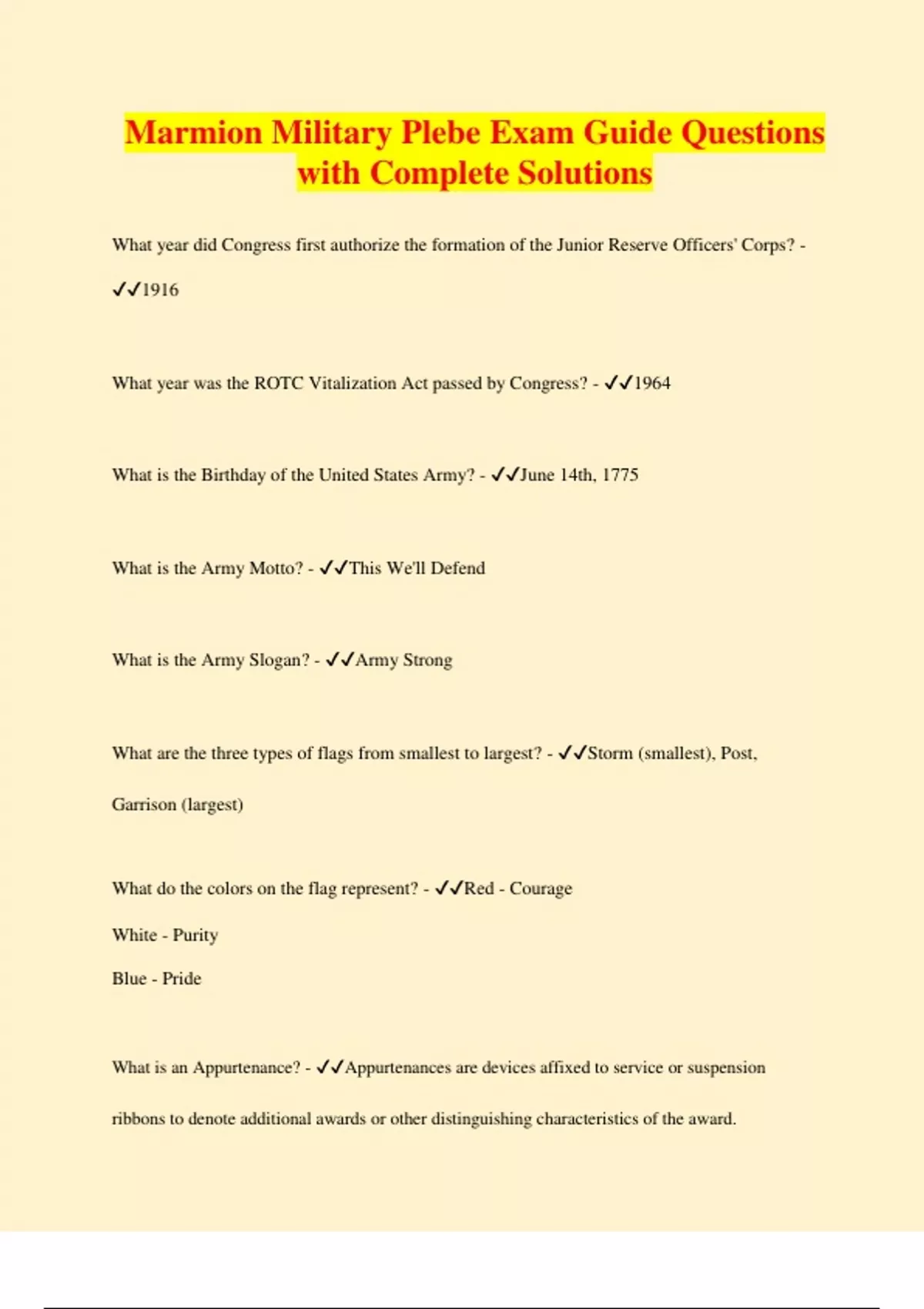 Marmion Military Plebe Exam Guide Questions with Complete Solutions ...