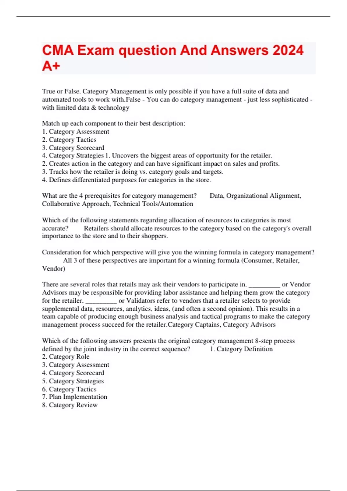 CMA Exam question And Answers 2024 A+ - CMA - Stuvia US