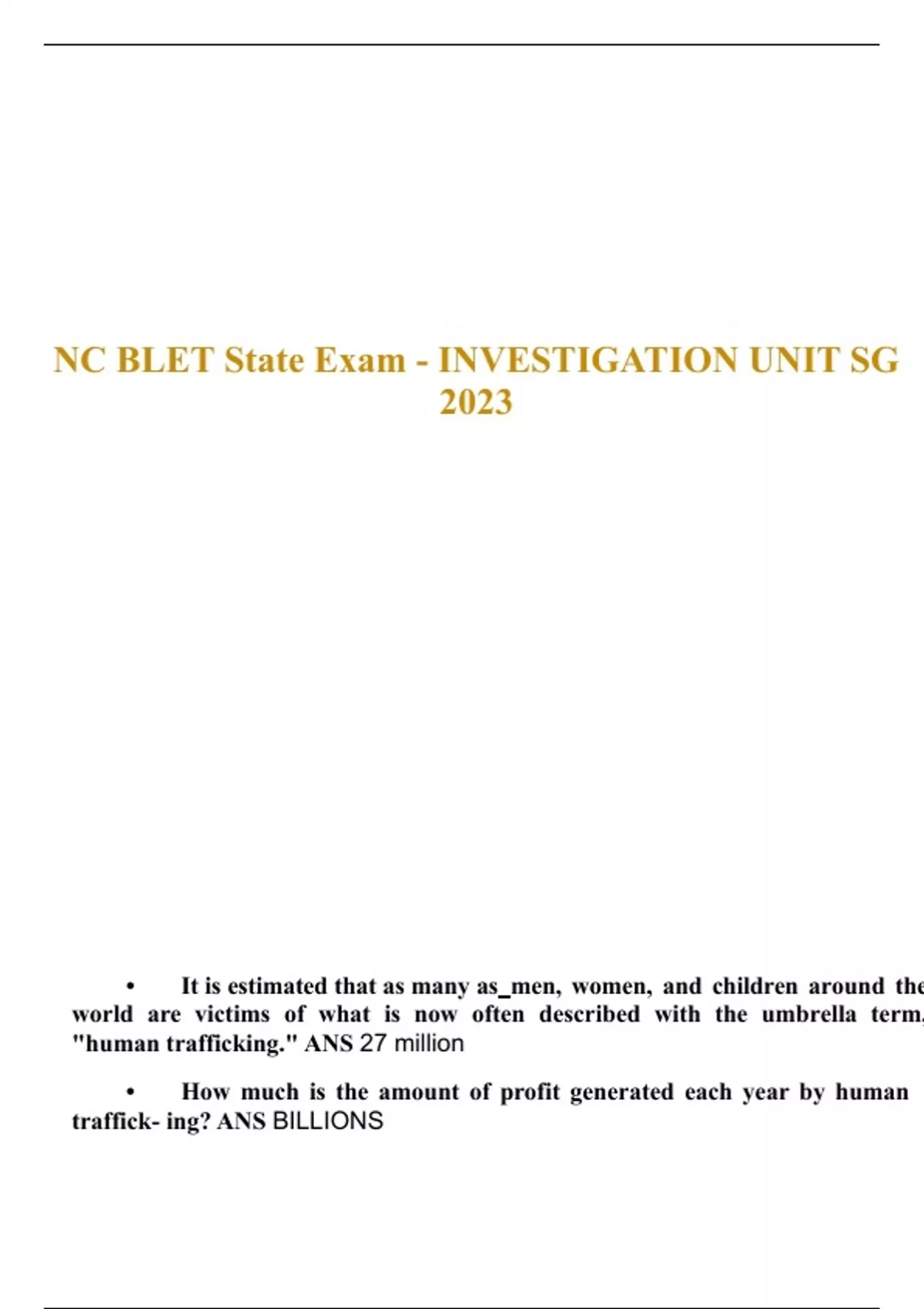 NC BLET State Exam - INVESTIGATION UNIT SG 2023/2024 Question & Answers ...