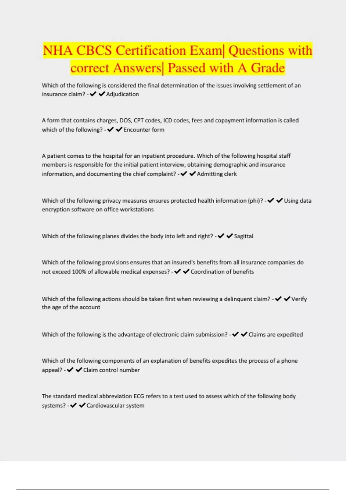 NHA CBCS Certification Exam| Questions with correct Answers| Passed ...