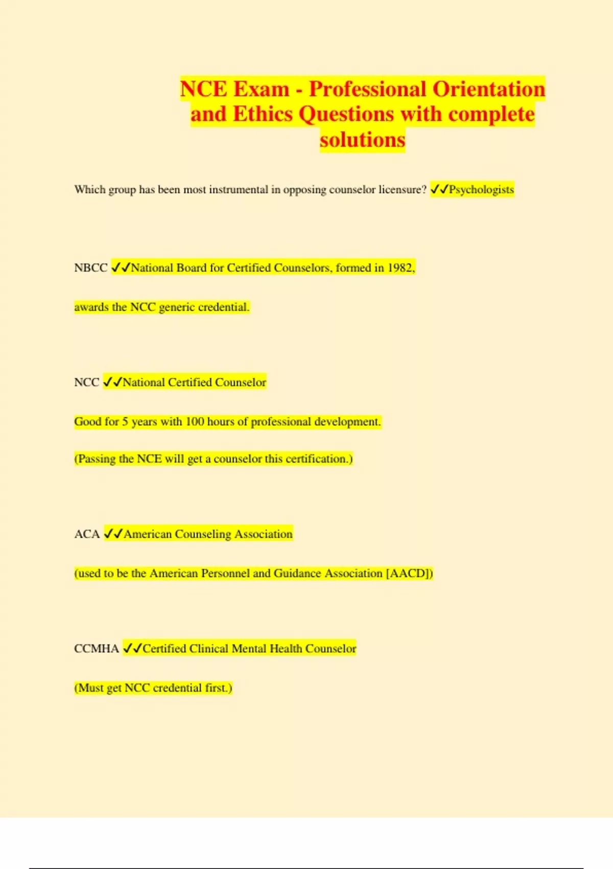 NCE Exam - Professional Orientation and Ethics Questions with complete ...