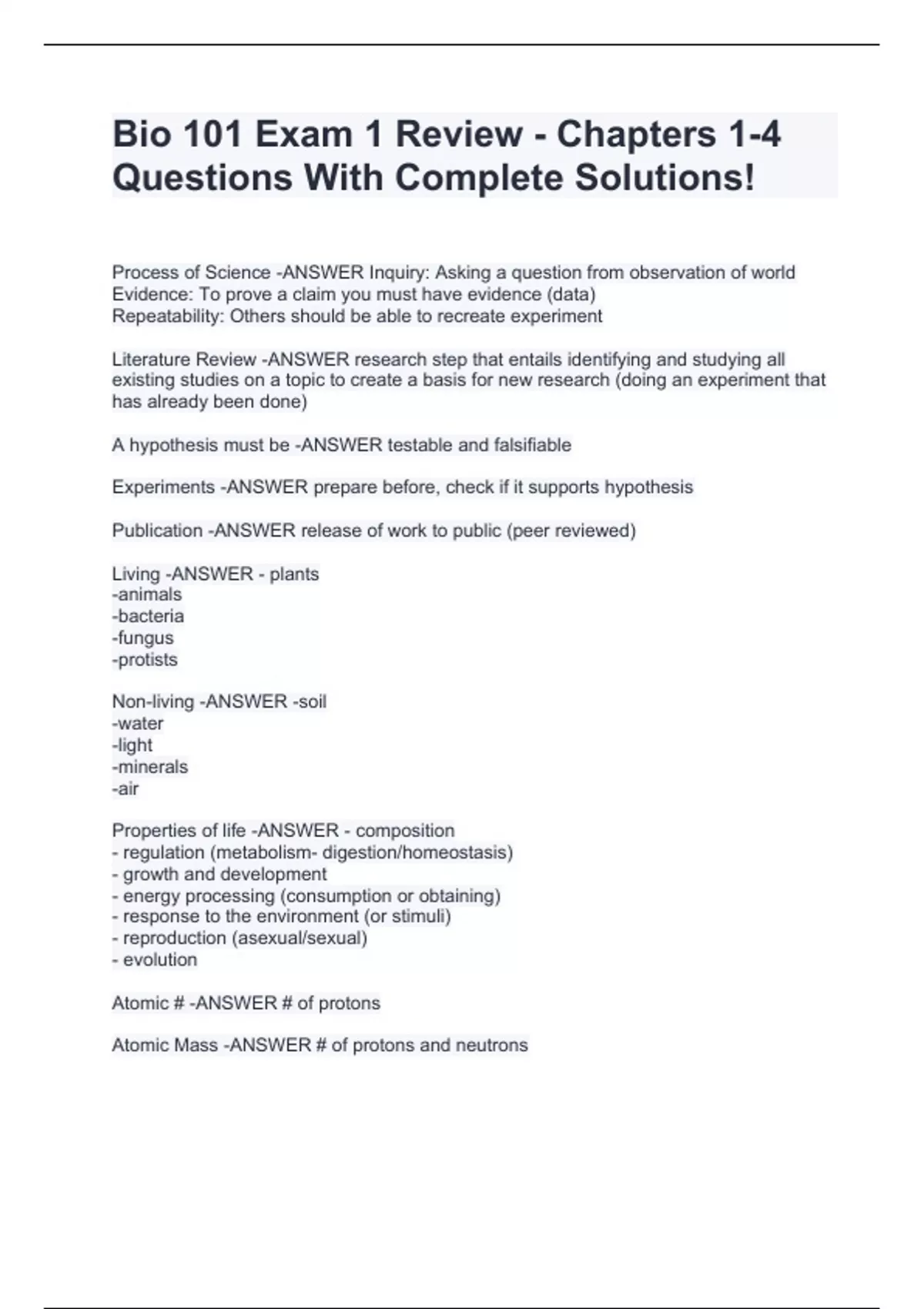 Bio 101 Exam 1 Review - Chapters 1-4 Questions With Complete Solutions ...