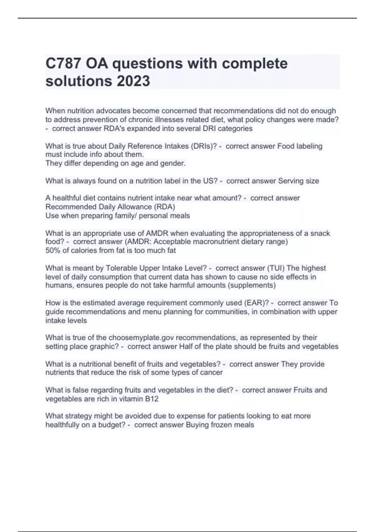 C787 OA questions with complete solutions 2024 - WGU - Stuvia US