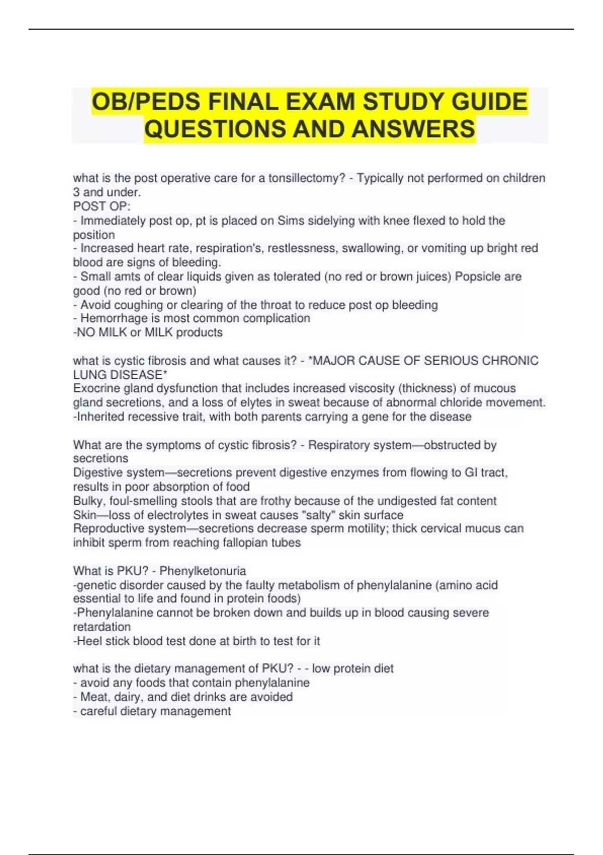 OB/PEDS FINAL EXAM STUDY GUIDE QUESTIONS AND ANSWERS - OB/PEDS - Stuvia US