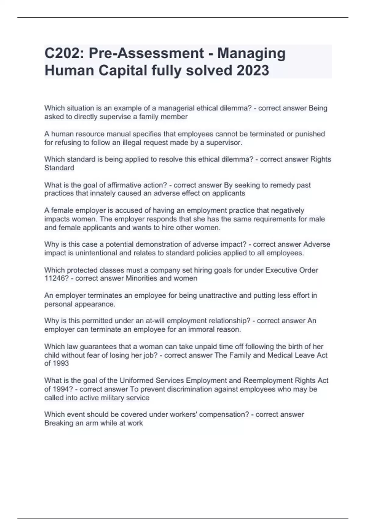 C202 Pre-Assessment - Managing Human Capital fully solved 2024 - WGU - Stuvia US