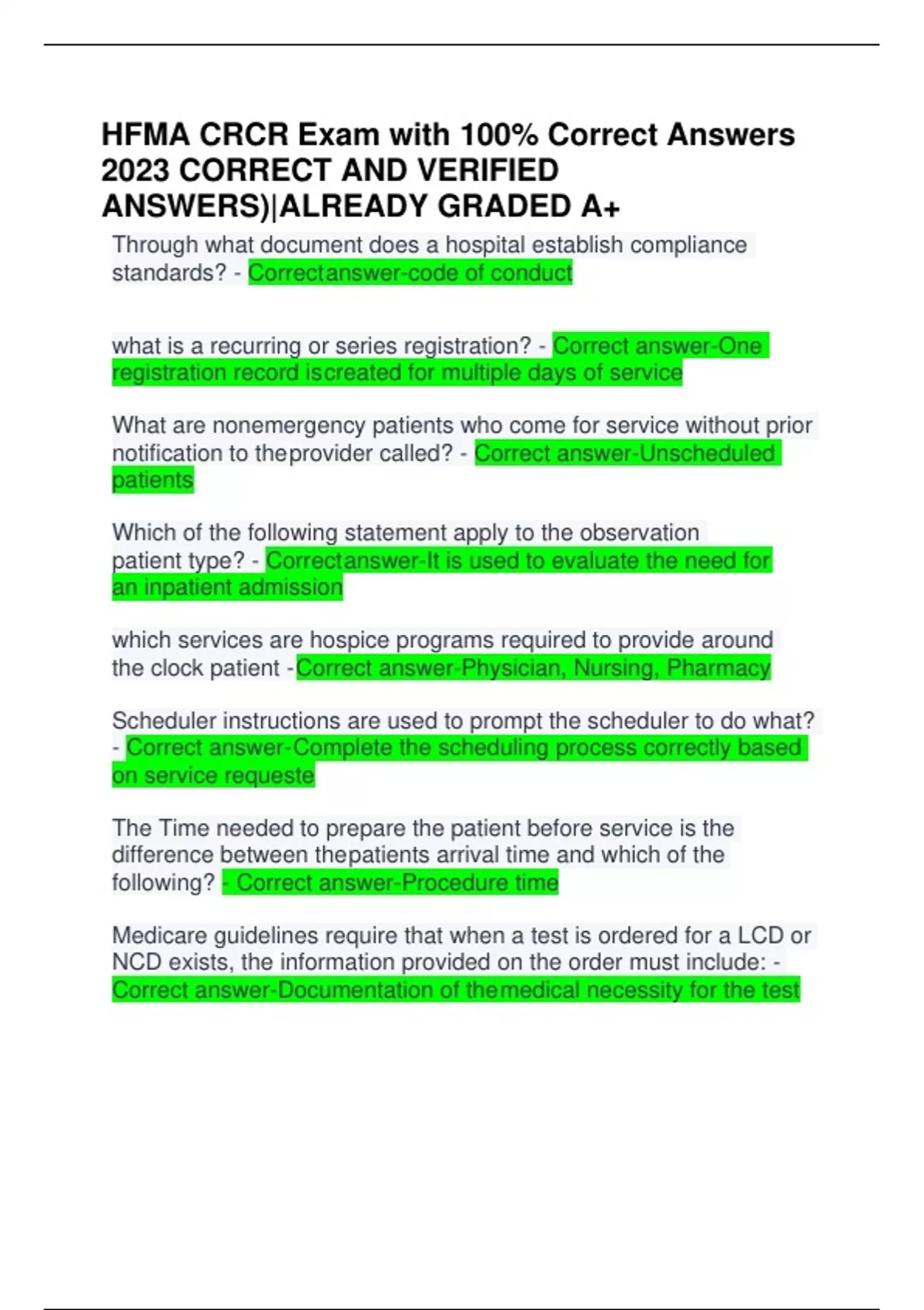HFMA CRCR Exam with 100% Correct Answers 2023 CORRECT AND VERIFIED ANSWERS)|ALREADY GRADED A ...