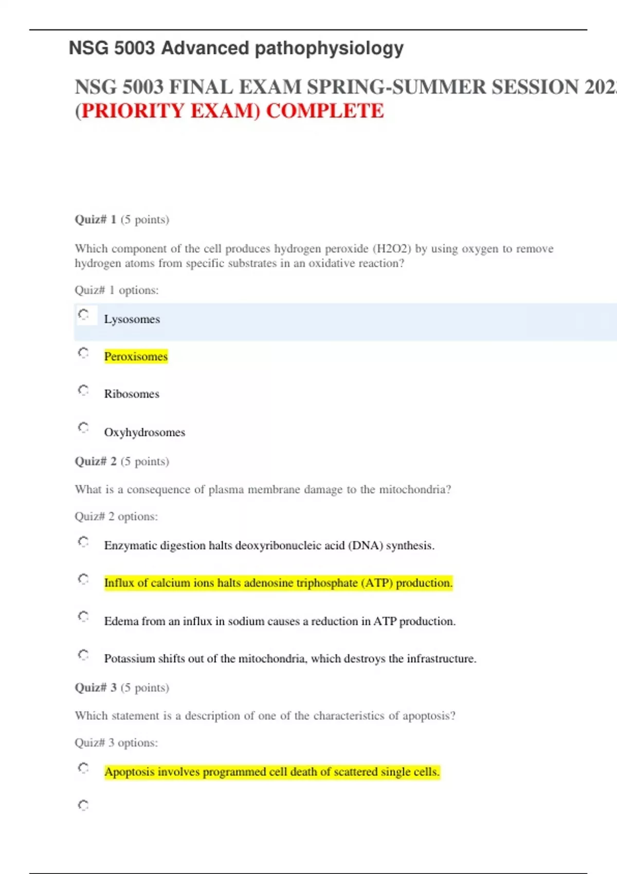NSG 5003 ADVANCED PATHOPHYSIOLOGY FINAL EXAM SPRING-SUMMER SESSION 2023 ...