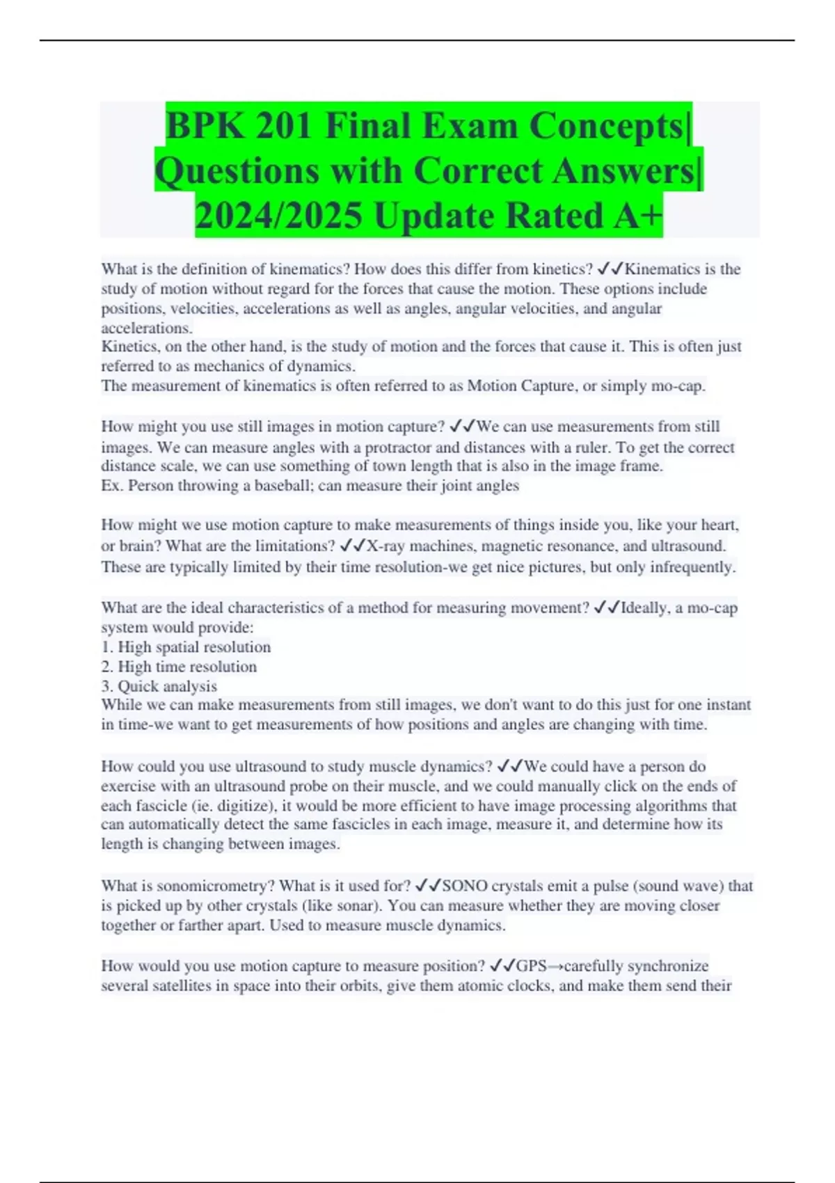 BPK 201 Final Exam Concepts| Questions with Correct Answers| 2024/2025 Update Rated A+ - Bpk ...