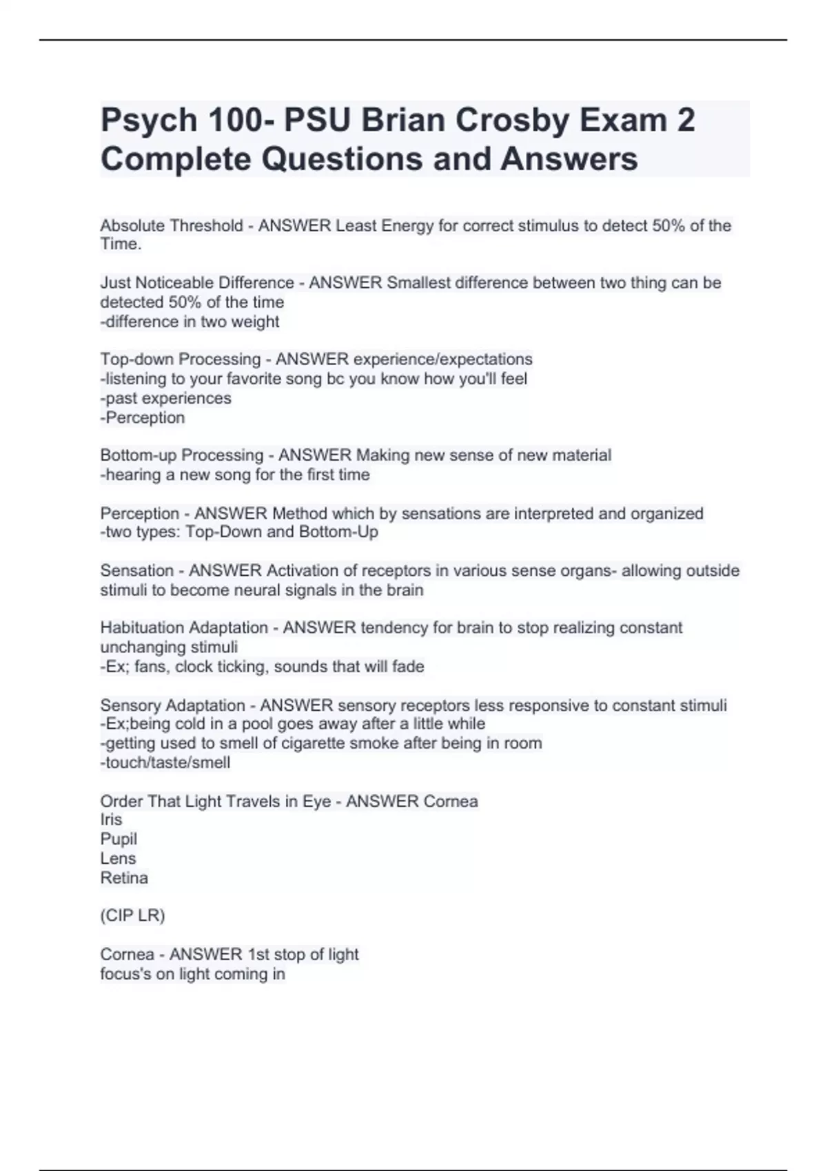 Psych 100- PSU Brian Crosby Exam 2 Complete Questions and Answers ...