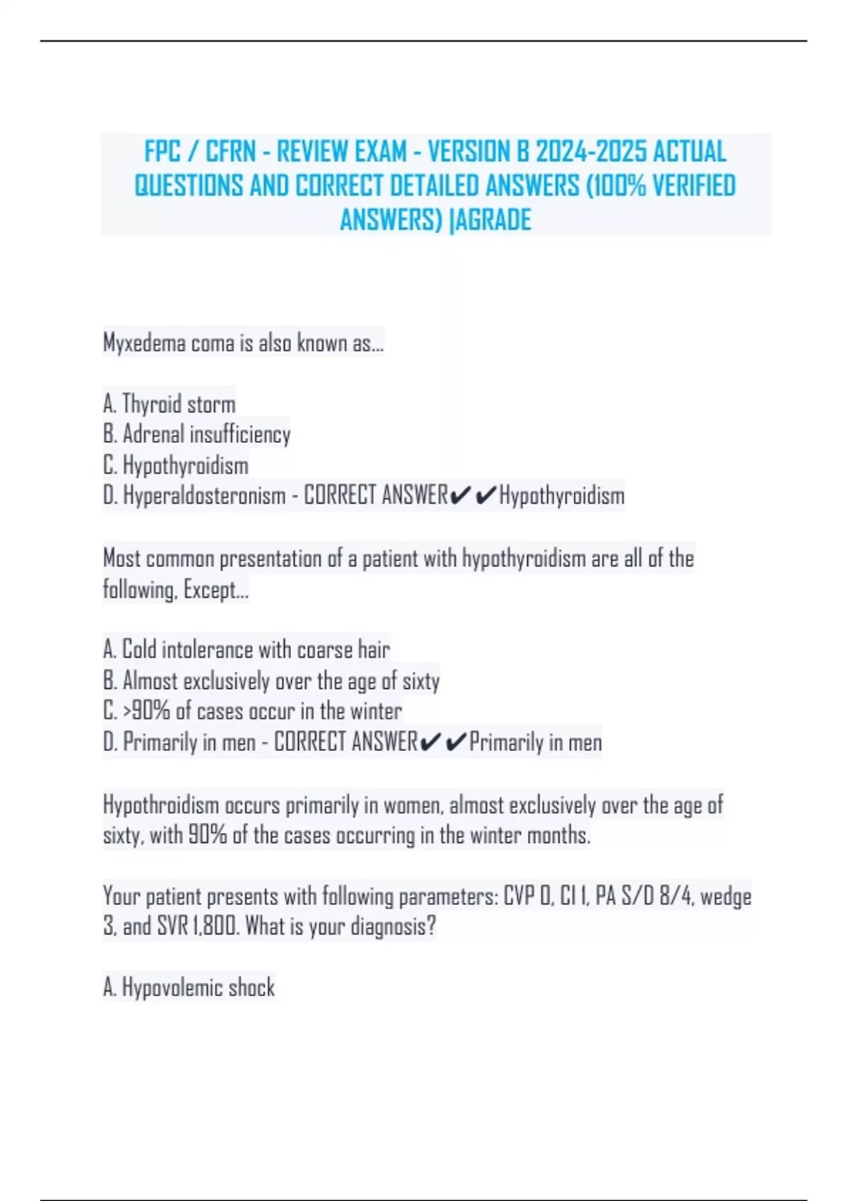 Fpc Cfrn Review Exam Version B Actual Questions And Correct Detailed Answers 100