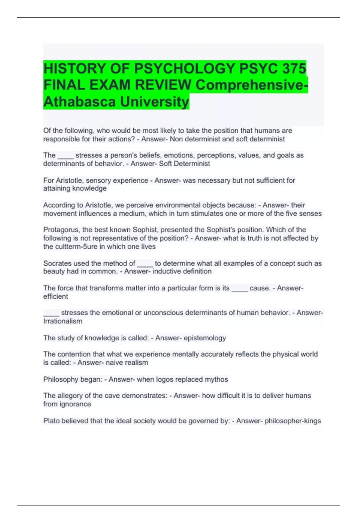 HISTORY OF PSYCHOLOGY PSYC 375 FINAL EXAM REVIEW Comprehensive ...