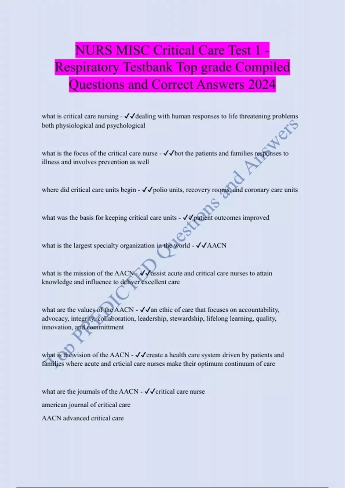 NURS MISC Critical Care Test 1 - Respiratory Testbank Top grade ...