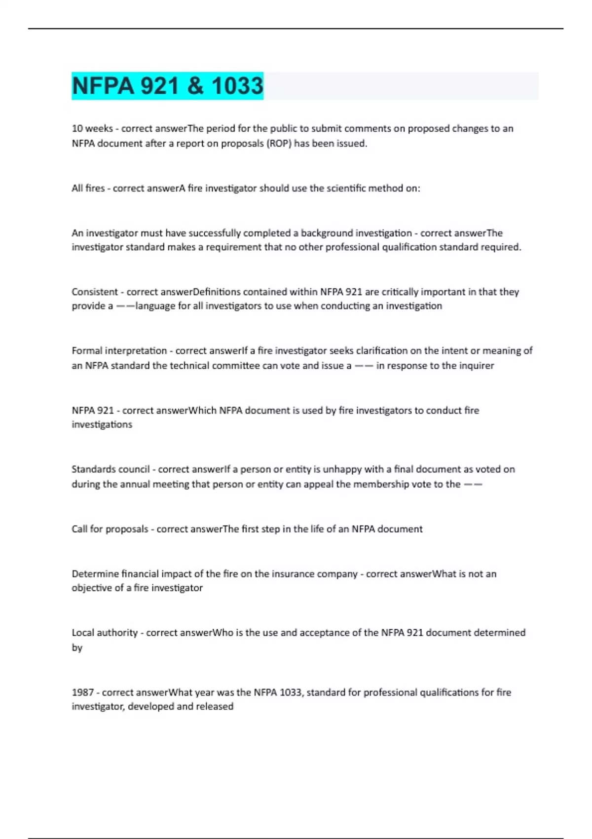 NFPA 921 & 1033 Questions and answers latest update - IAAI CFI - Stuvia US