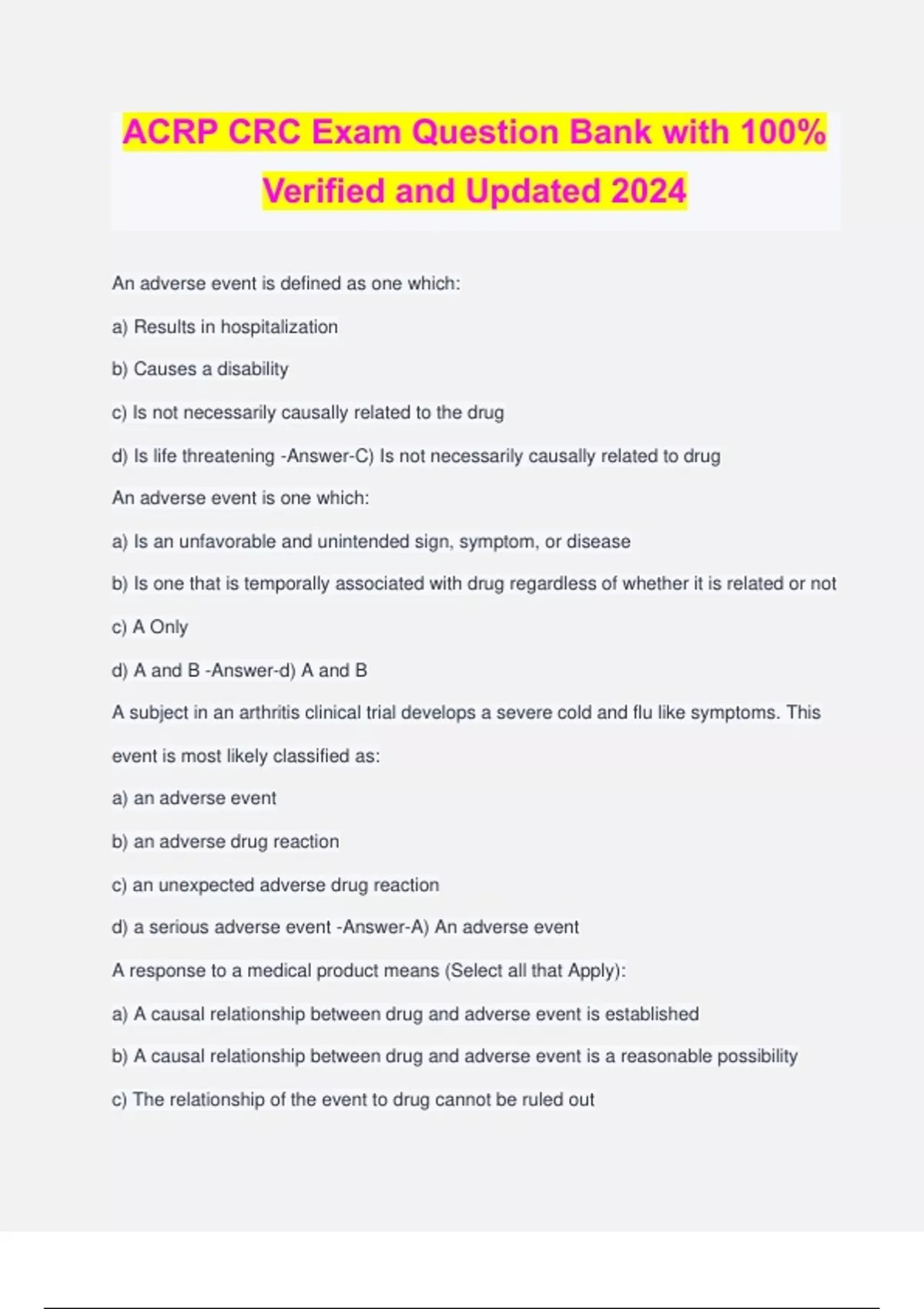 ACRP CRC Exam Question Bank with 100% Verified and Updated 2024 - ACRP CCRC - Stuvia US