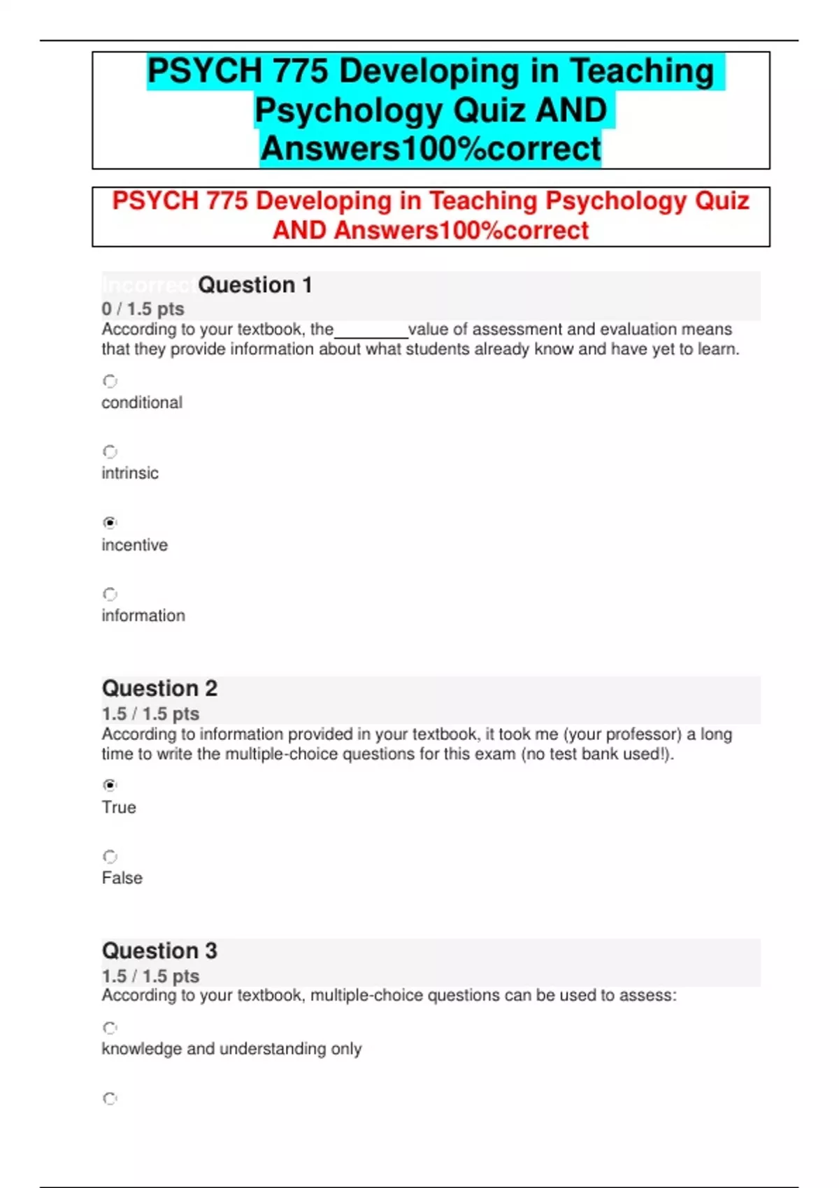PSYCH 775 Developing in Teaching Psychology Quiz AND Answers100%correct ...