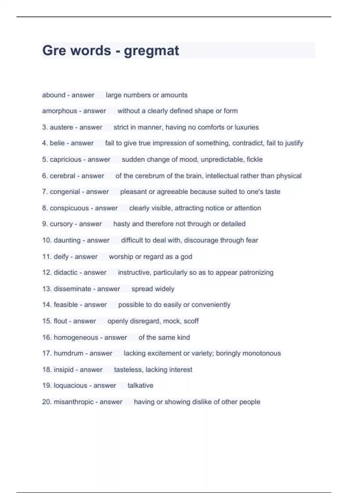 Gre words - gregmat questions and Answers - GRE - Stuvia US