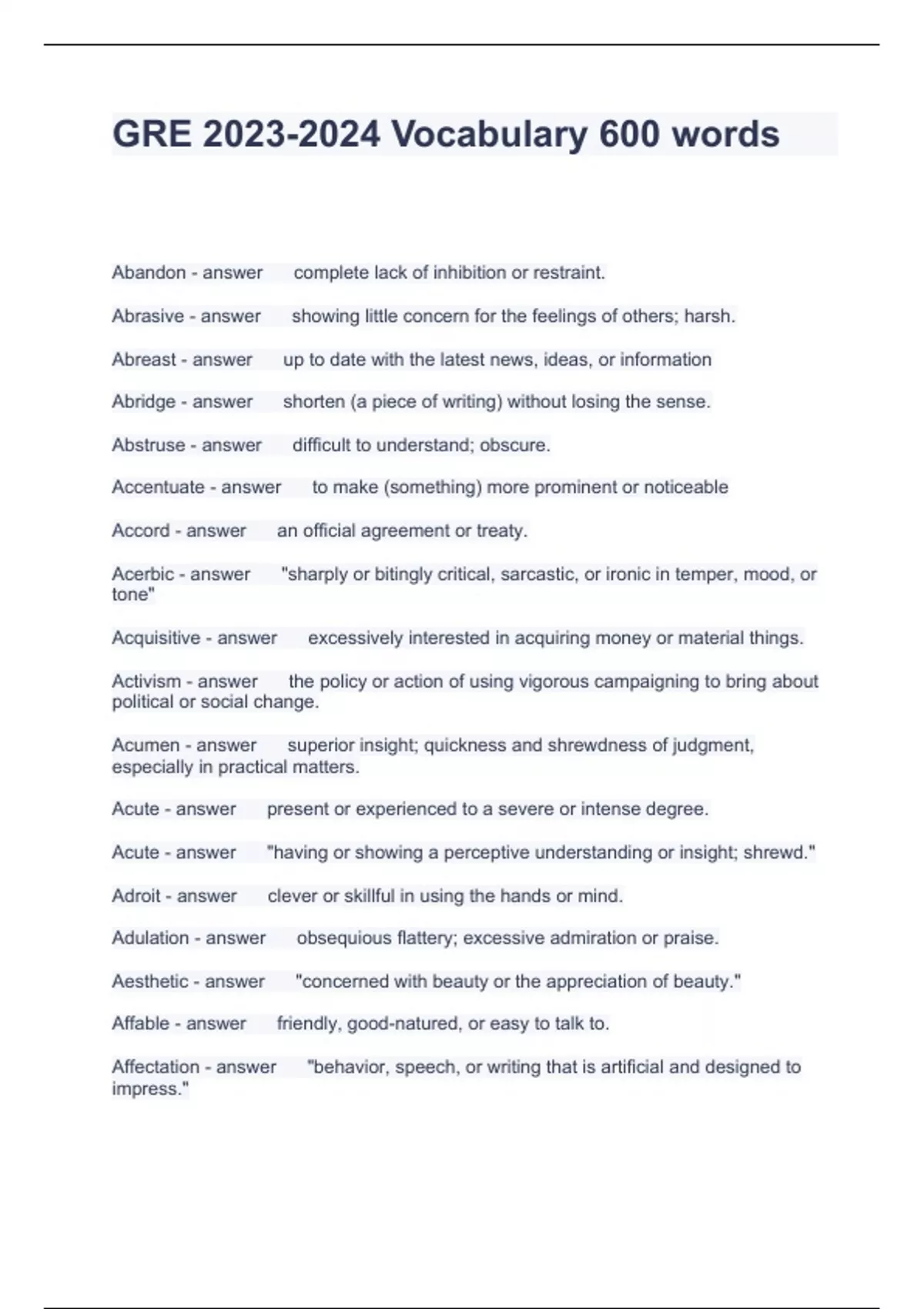 GRE Vocabulary 600 words Questions with correct Answers 2024 - GRE ...