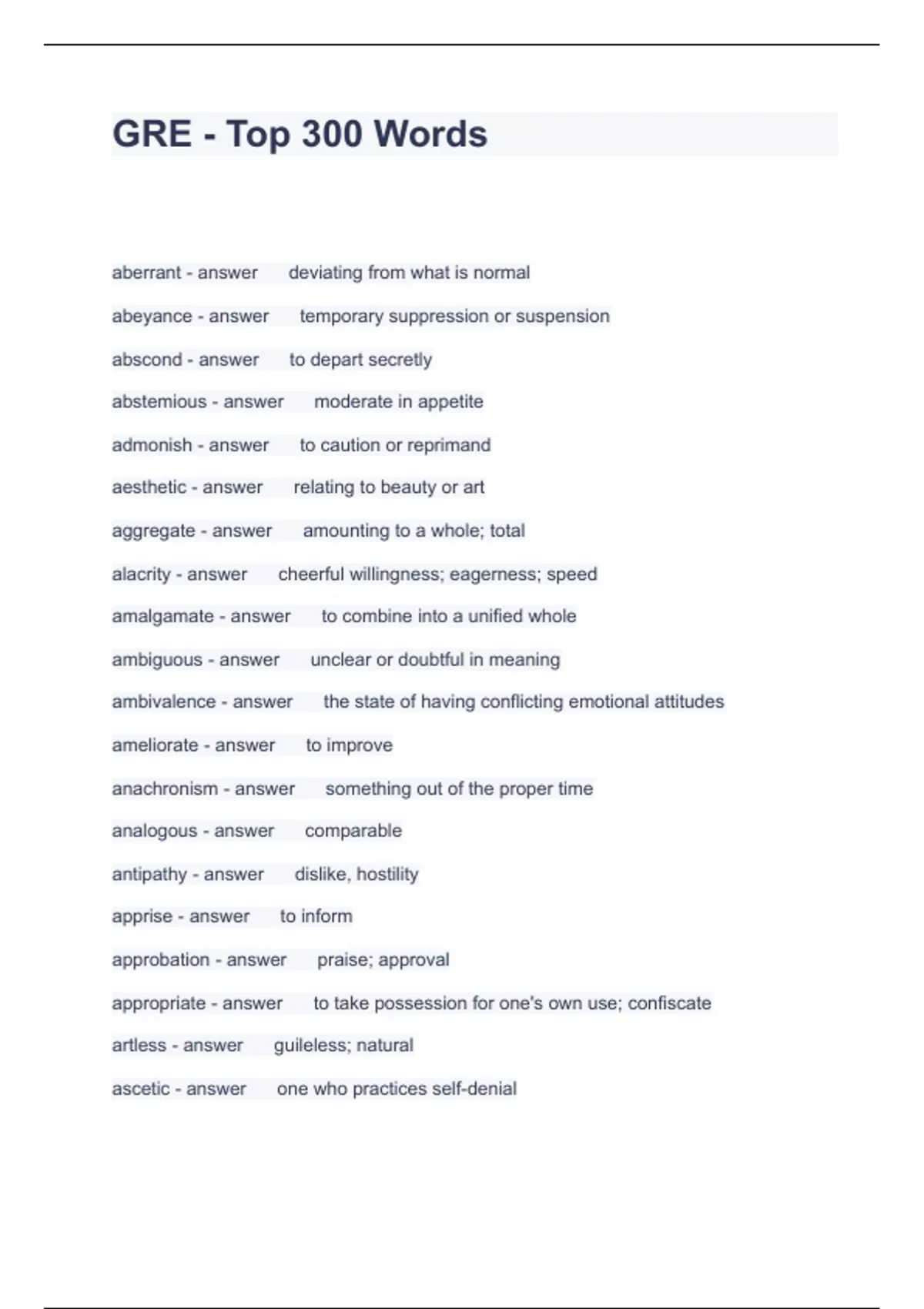 GRE - Top 300 Words Questions with complete Answers 2024 - GRE - Stuvia US