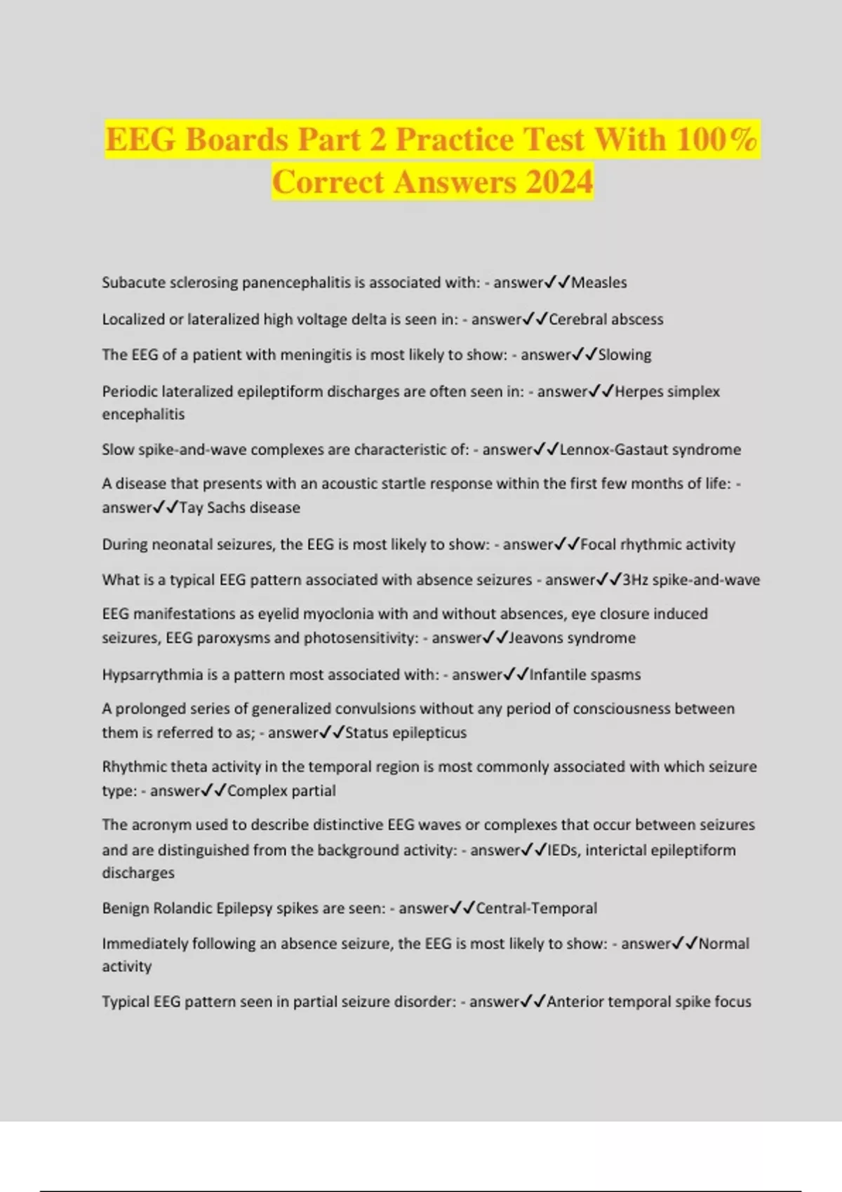 EEG Boards Part 2 Practice Test With 100% Correct Answers 2024 - EEG ...