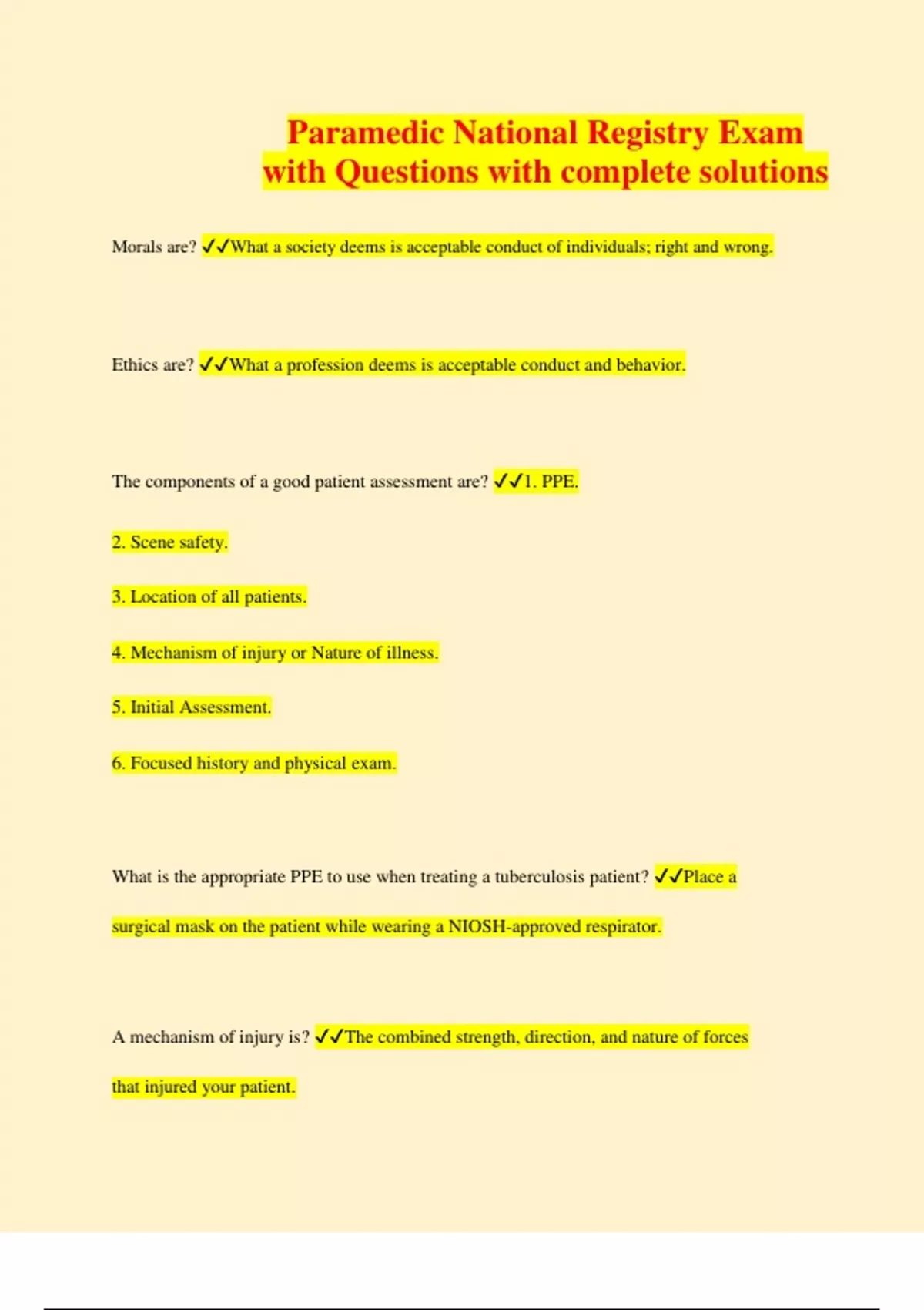 Paramedic National Registry Exam with Questions with complete solutions ...
