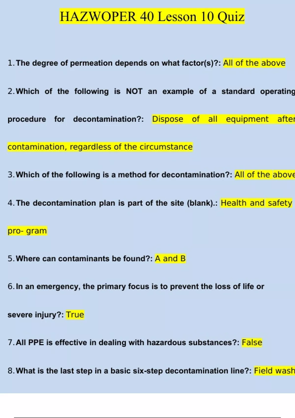 HAZWOPER 40 Lesson 10 Quiz Questions and Answers (2024 / 2025 ...