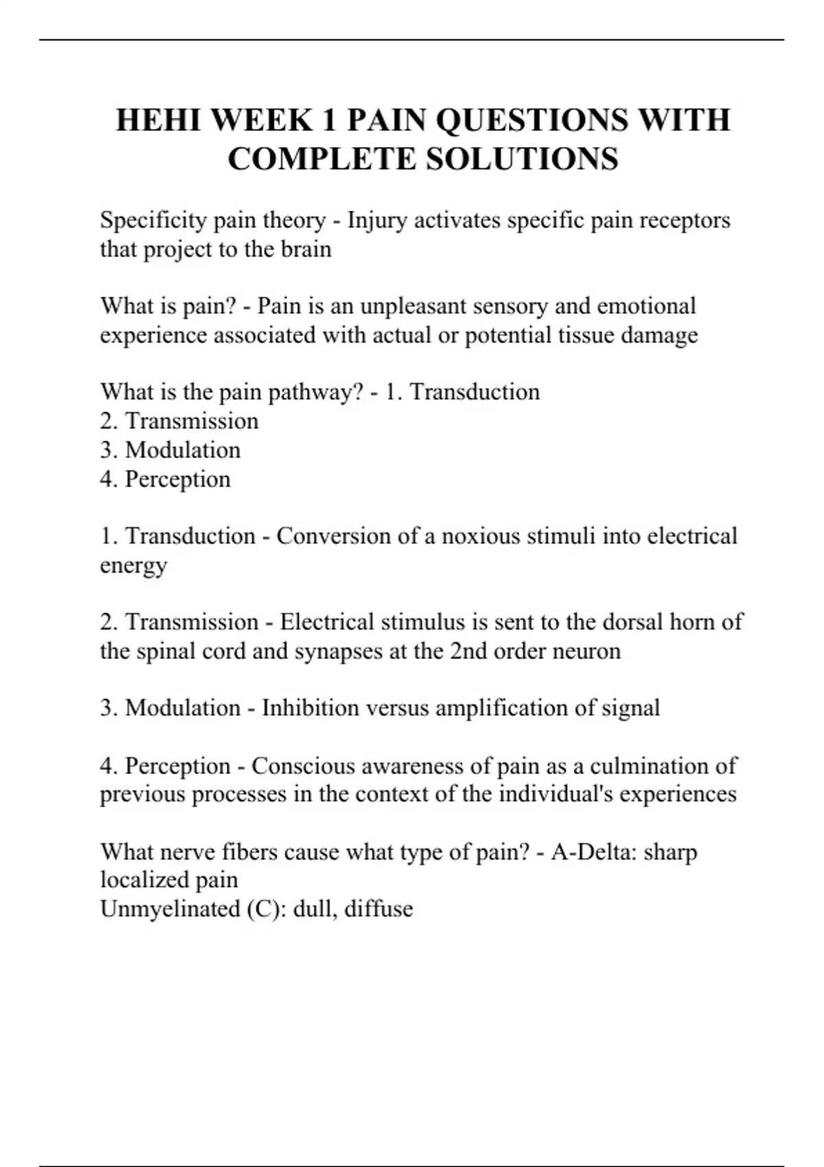 HEHI WEEK 1 PAIN QUESTIONS WITH COMPLETE SOLUTIONS - HEHI - Stuvia US