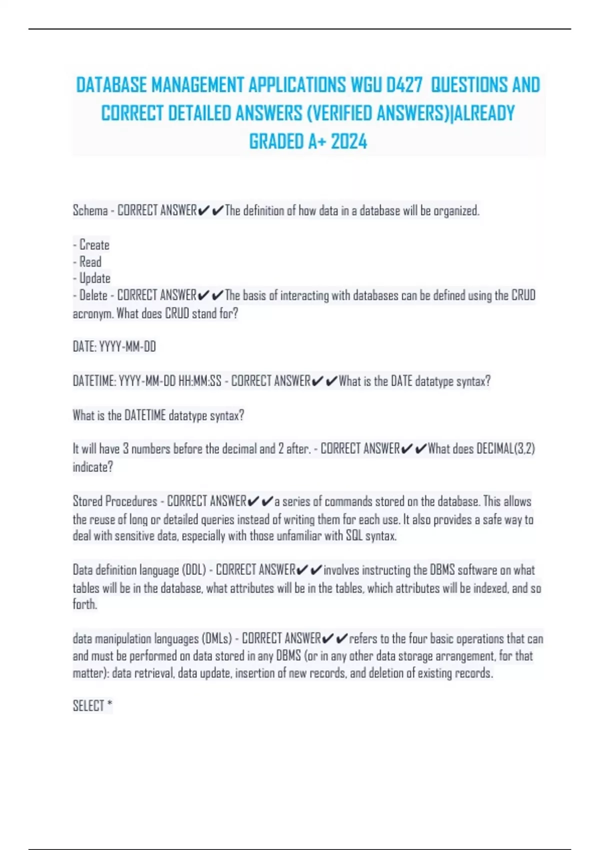 DATABASE MANAGEMENT APPLICATIONS WGU D427 QUESTIONS AND CORRECT DETAILED ANSWERS (VERIFIED ...