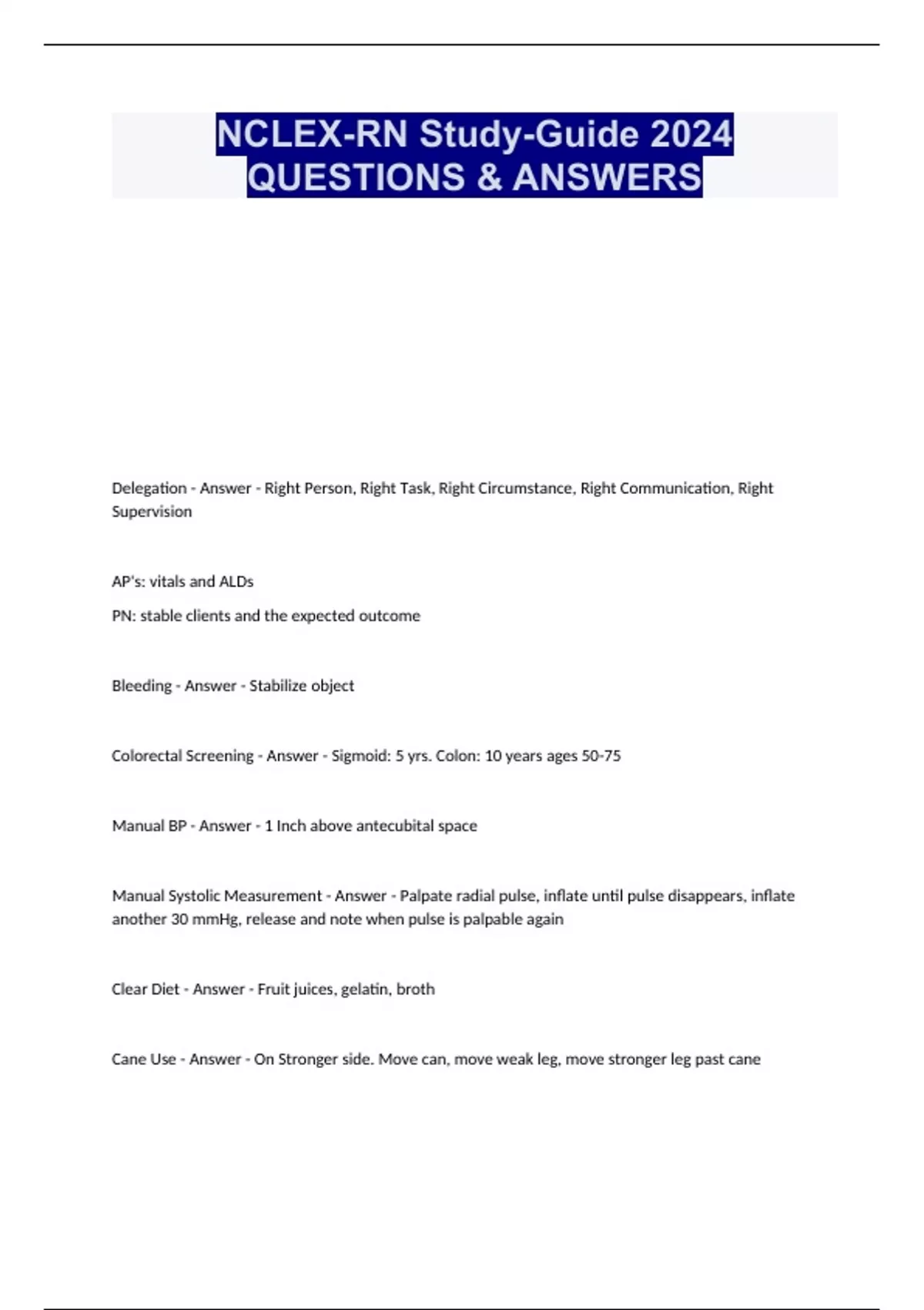 NCLEX-RN Study-Guide 2024 QUESTIONS & ANSWERS - NCLEX-RN - Stuvia US