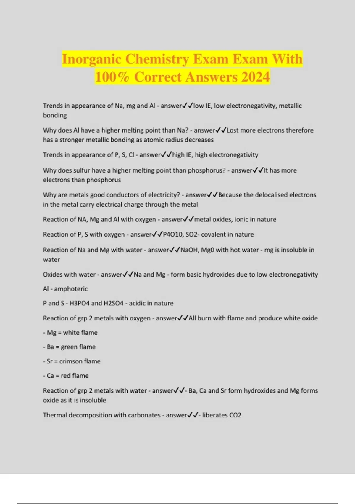 Package deal for Inorganic Chemistry Exam Questions with 100% Correct ...