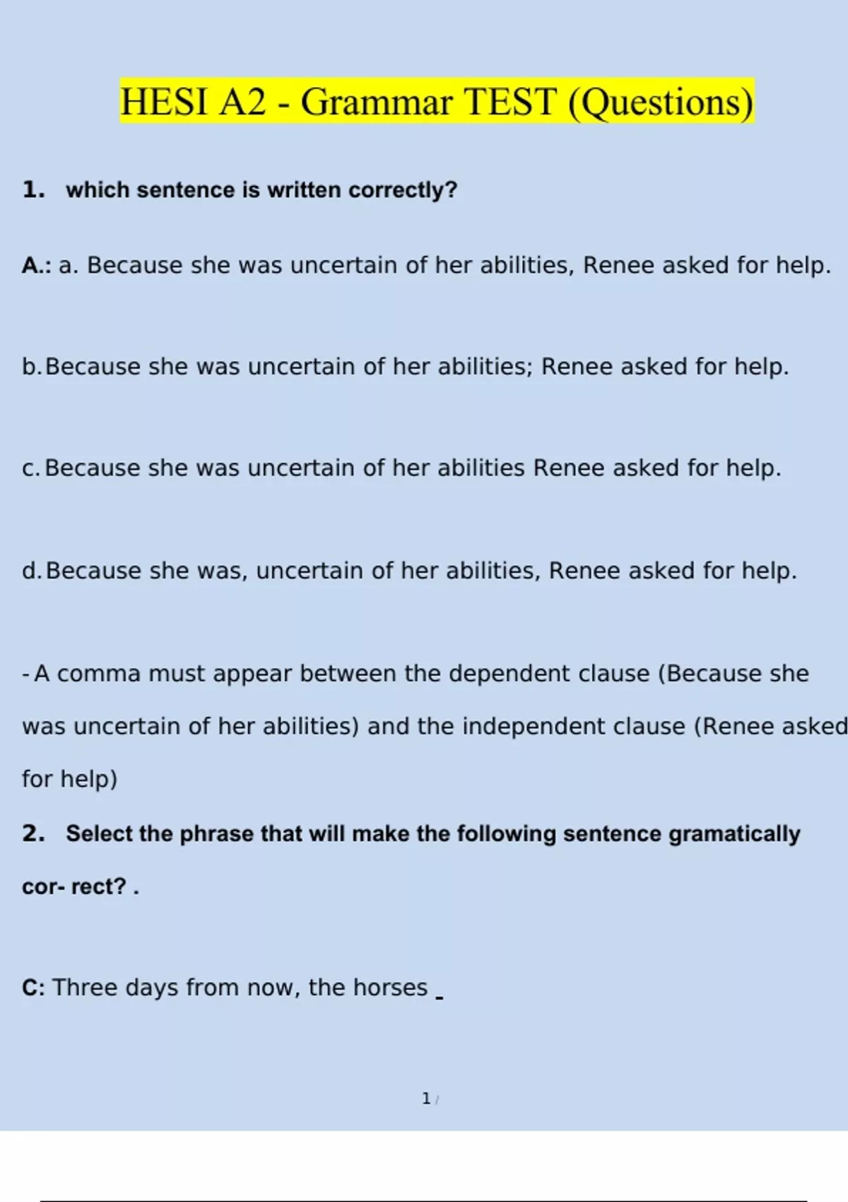 HESI A2 - Grammar TEST Questions and Answers (2024 / 2025) (Verified ...