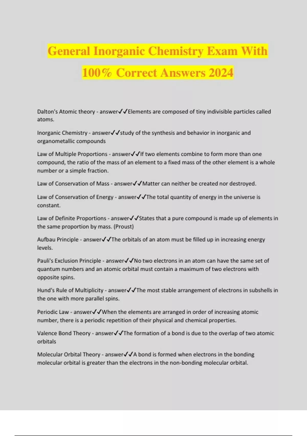 General Inorganic Chemistry Exam With 100% Correct Answers 2024 ...