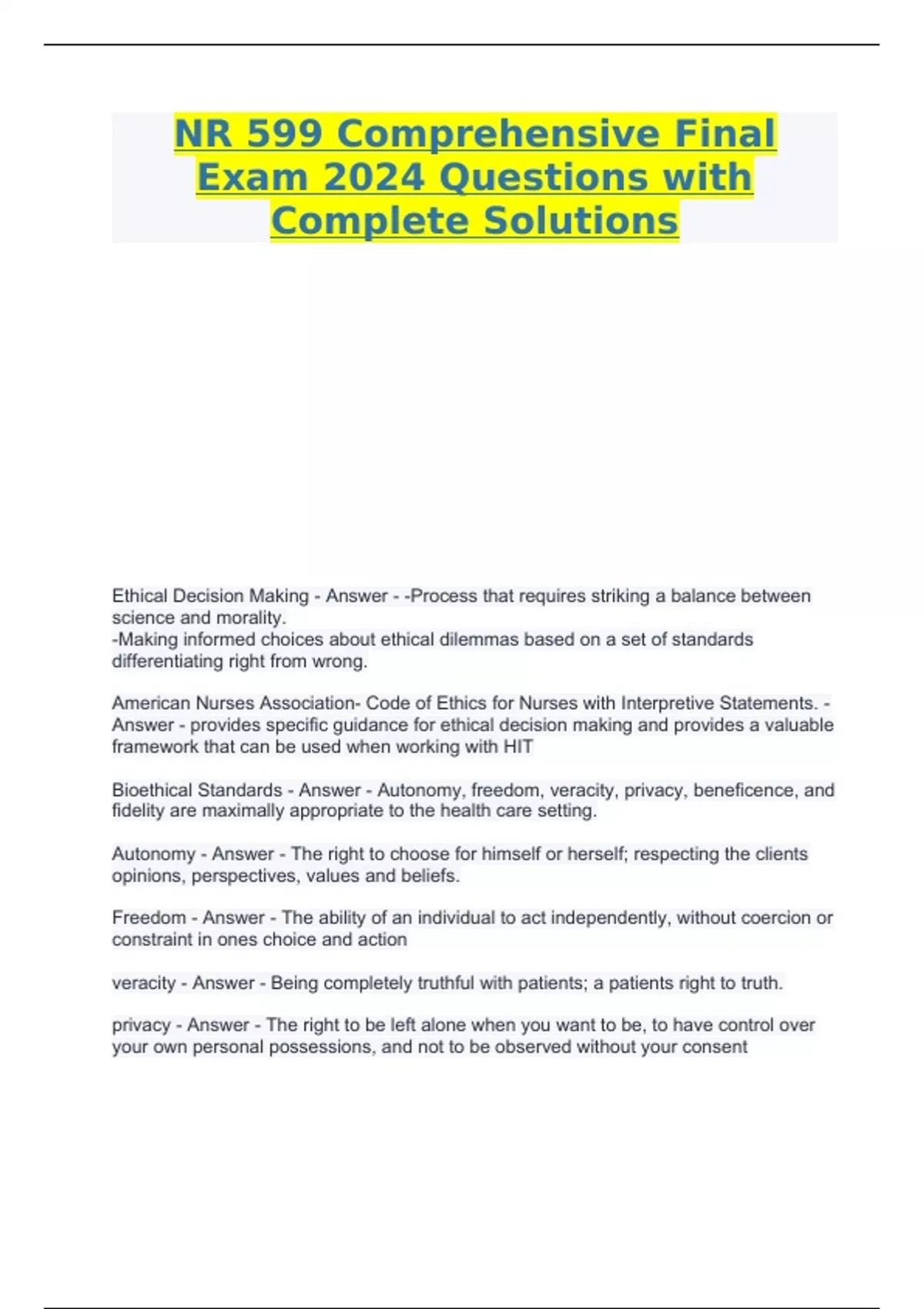 NR 599 Comprehensive Final Exam 2024 Questions with Complete Solutions - NR 599 - Stuvia US