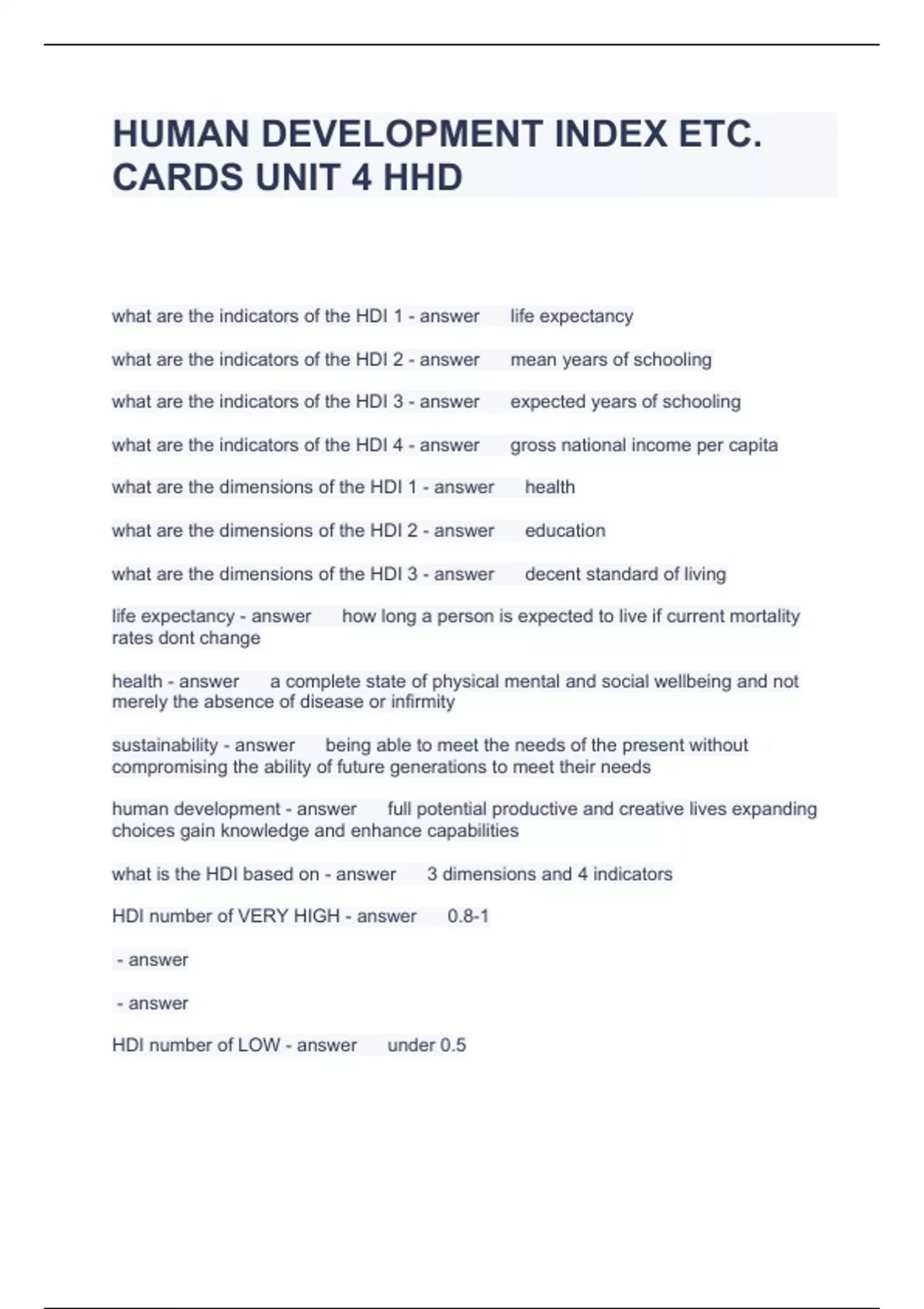 HUMAN DEVELOPMENT INDEX ETC. CARDS UNIT 4 HHD QUESTIONS WITH CORRECT ...