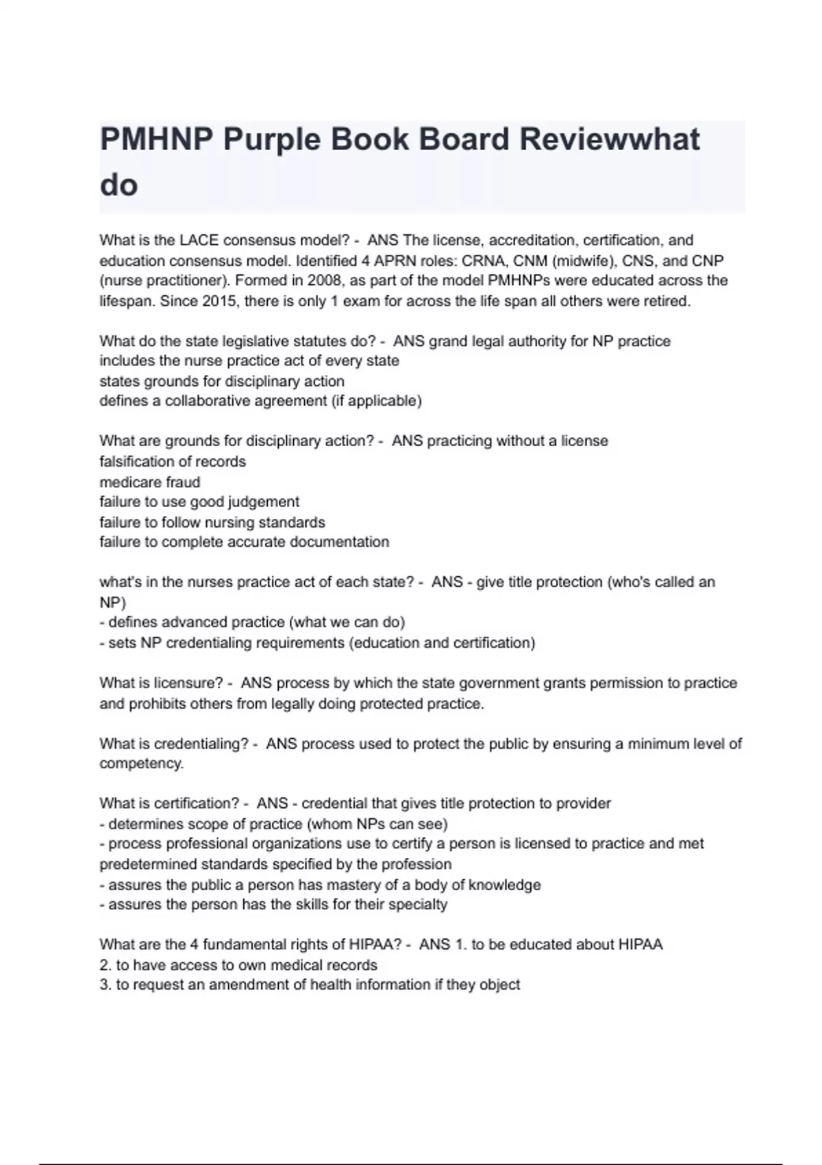 PMHNP Purple Book Board Review what do Questions with correct Answers ...