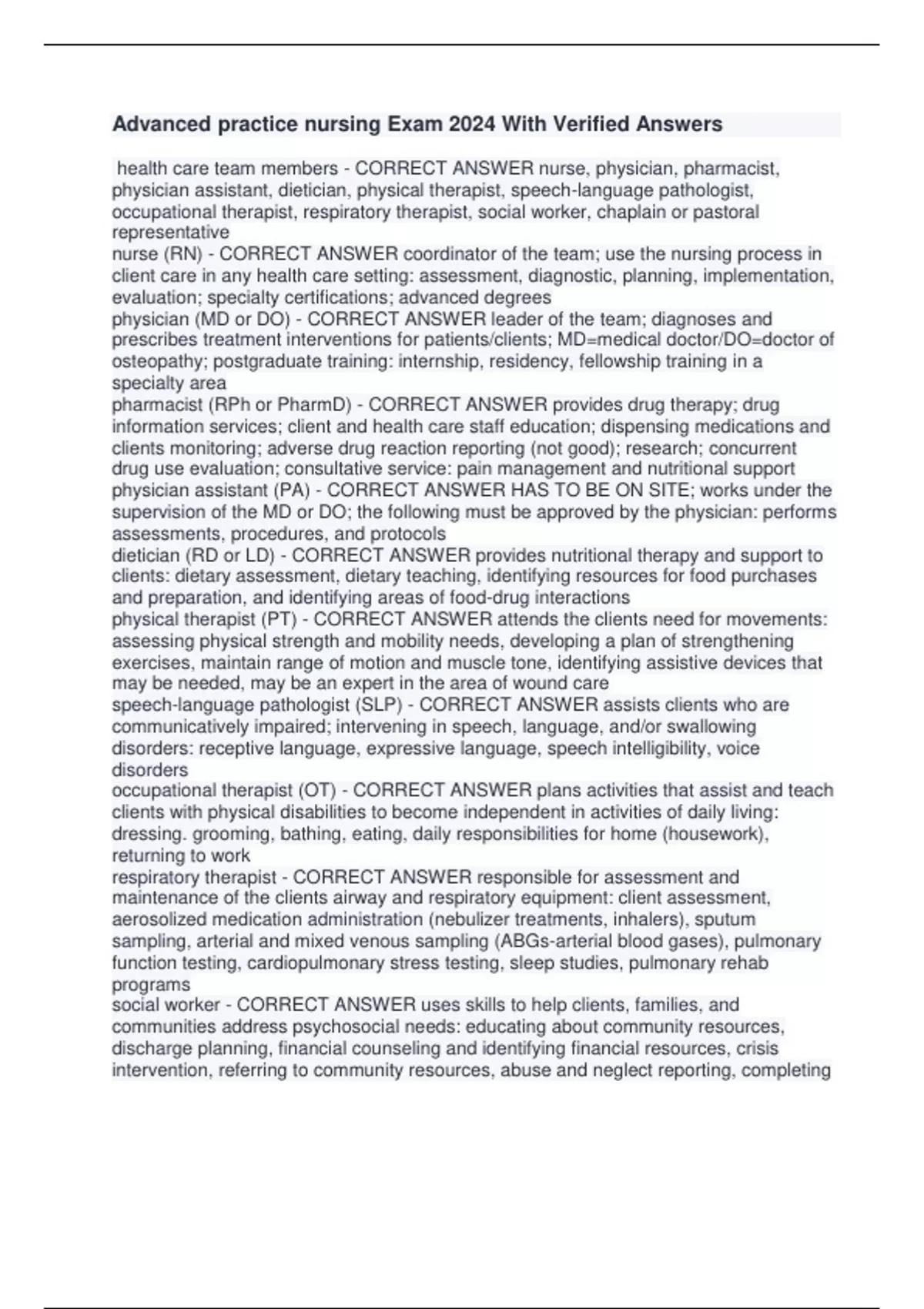 Advanced practice nursing Exam 2024 With Verified Answers - APN ...