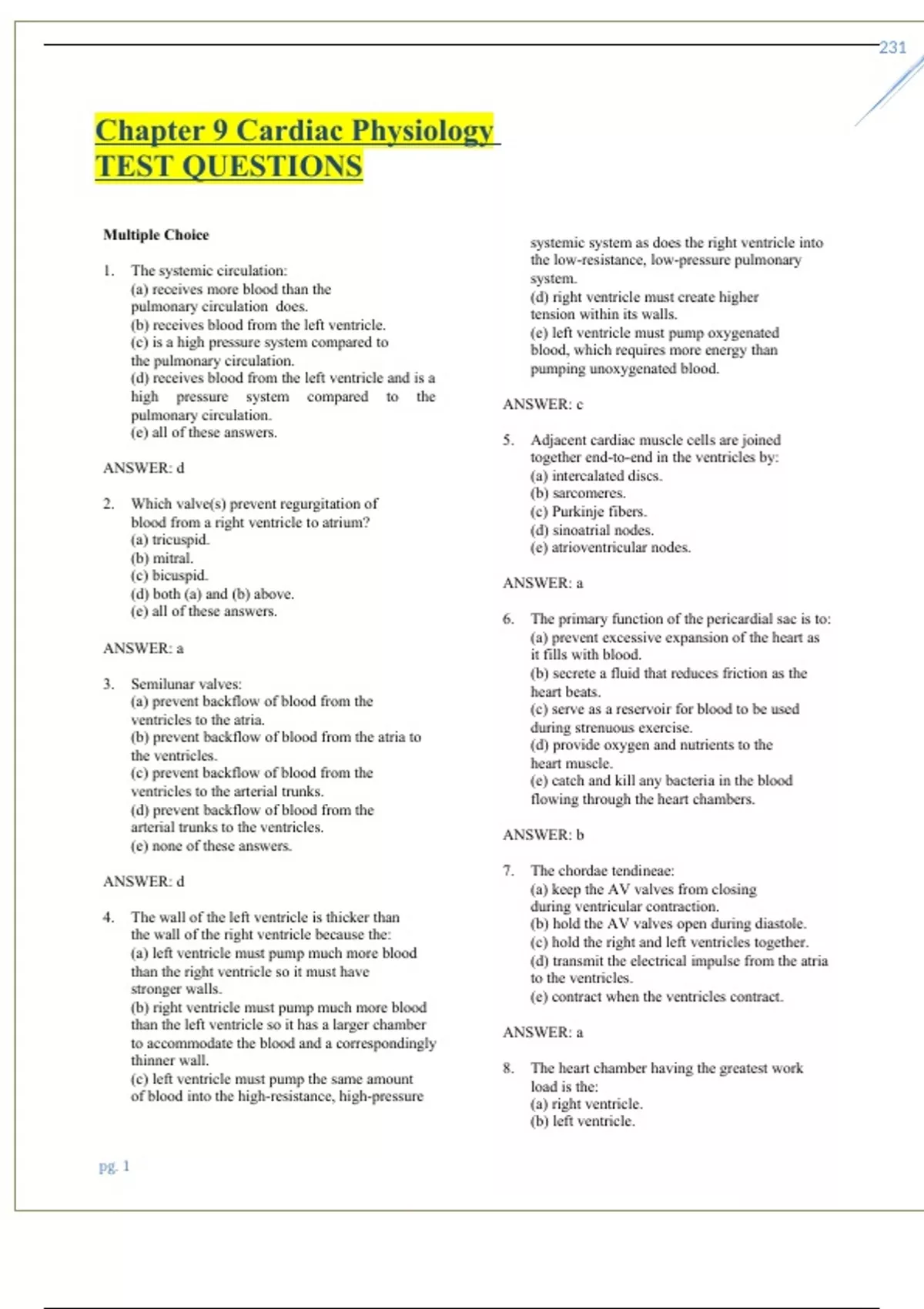 ANATOMY AN MF000; Cardiac Physiology Chapter 9-(COMPLETE TEST QUESTIONS ...