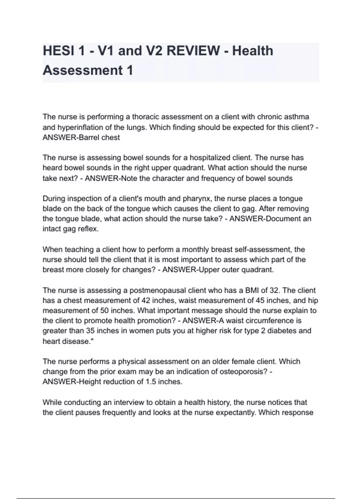 HESI 1 - V1 and V2 REVIEW - Health Assessment 1 questions and answers ...